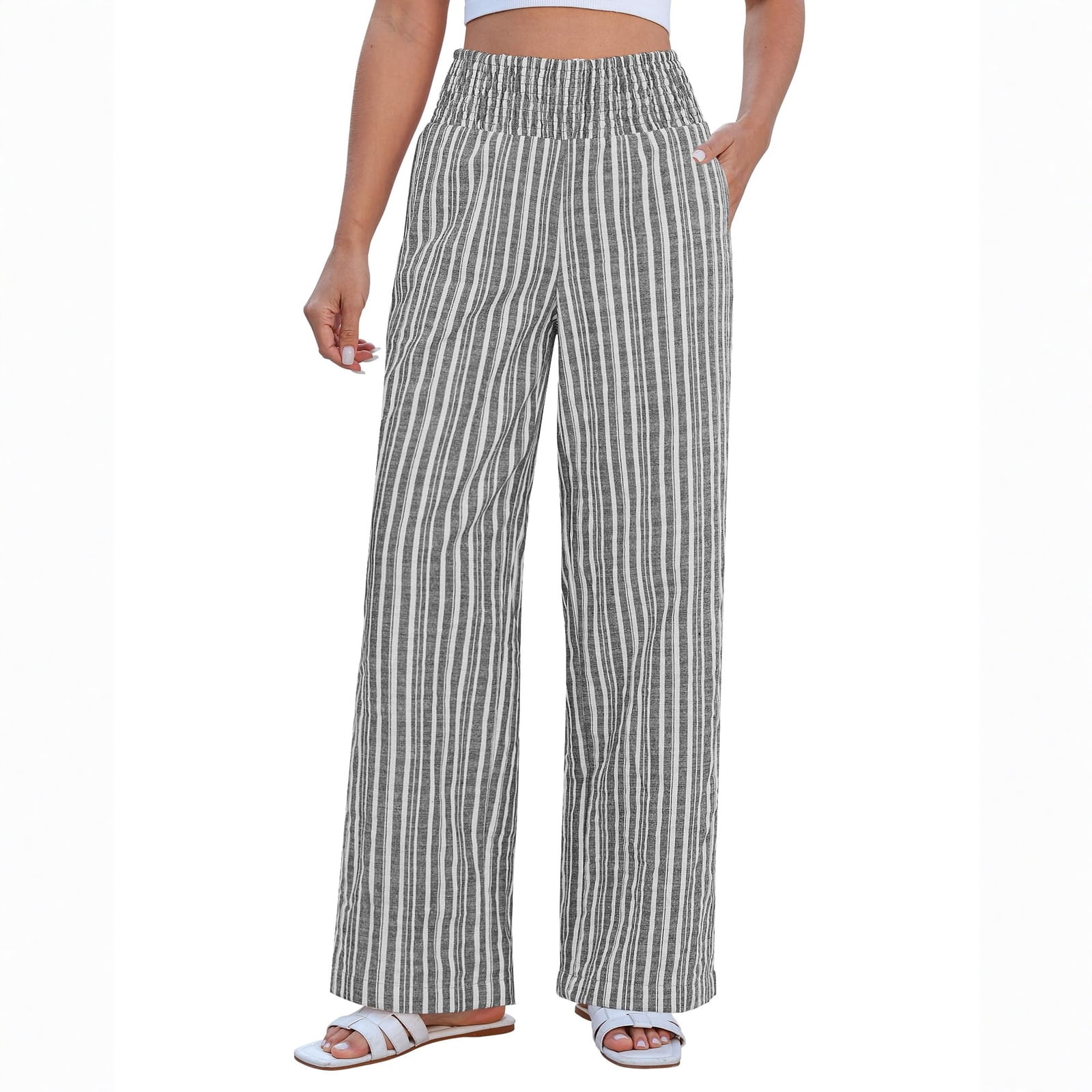 BOMYJESK Womens Linen Pants Striped Wide Leg Palazzo Pants 2026 Summer ...
