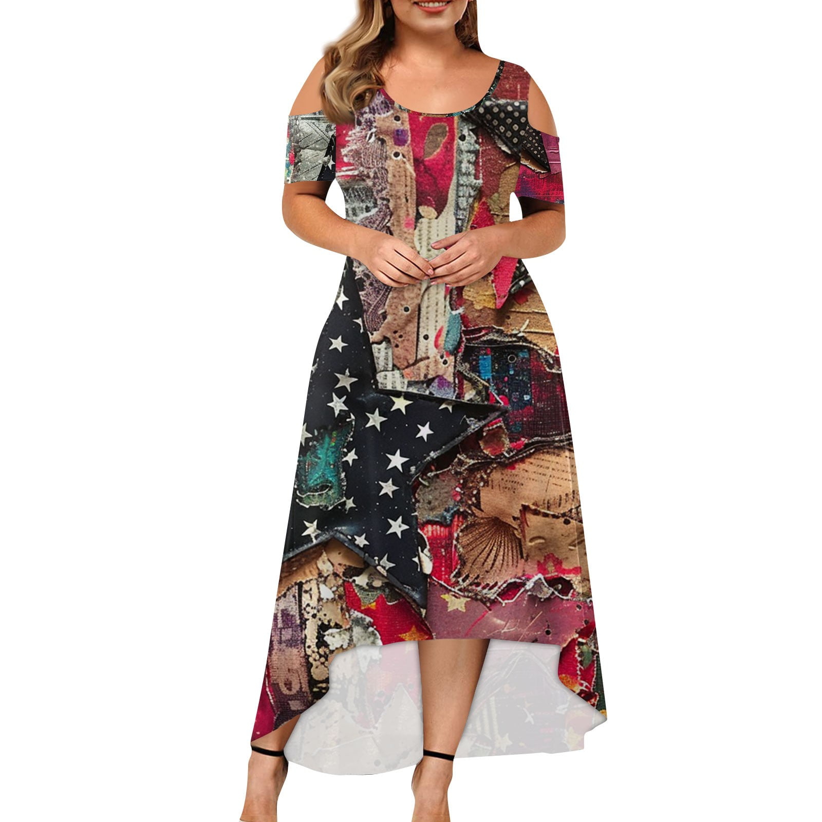 Bomyjesk Womens Plus Size Sun Dresses 5x Trendy American Flag Boho Off