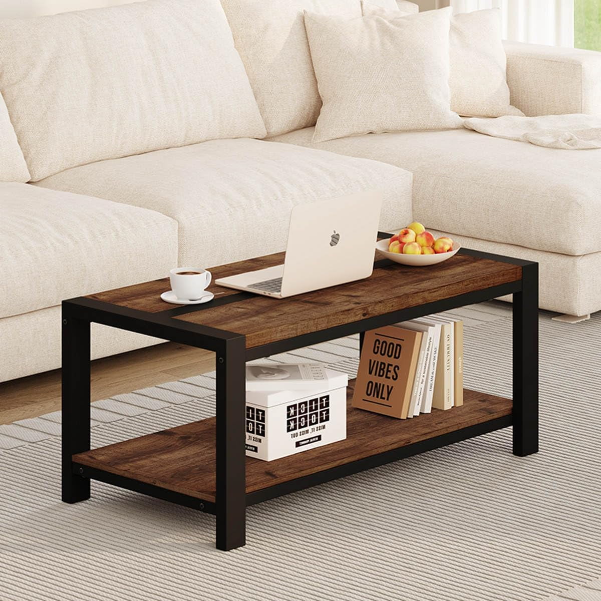 BON AUGURE Coffee Table for Living Room, Industrial Wood and Metal ...