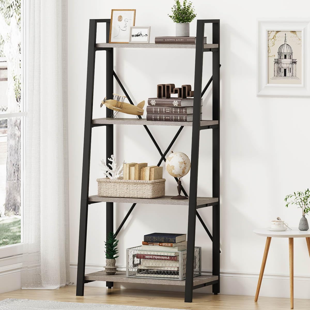 BON AUGURE Rustic Ladder Bookshelf, 4 Tier Industrial Ladder Shelf ...