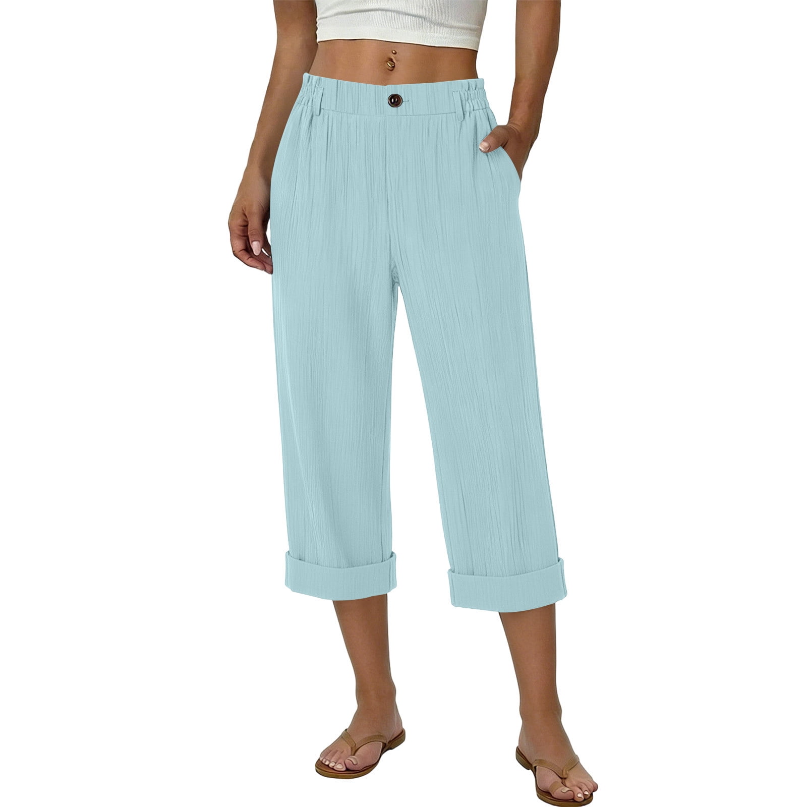 BONIXOOM 3/4 Pants for Women, High Waist Pleated Pants, Roll Hem Side ...