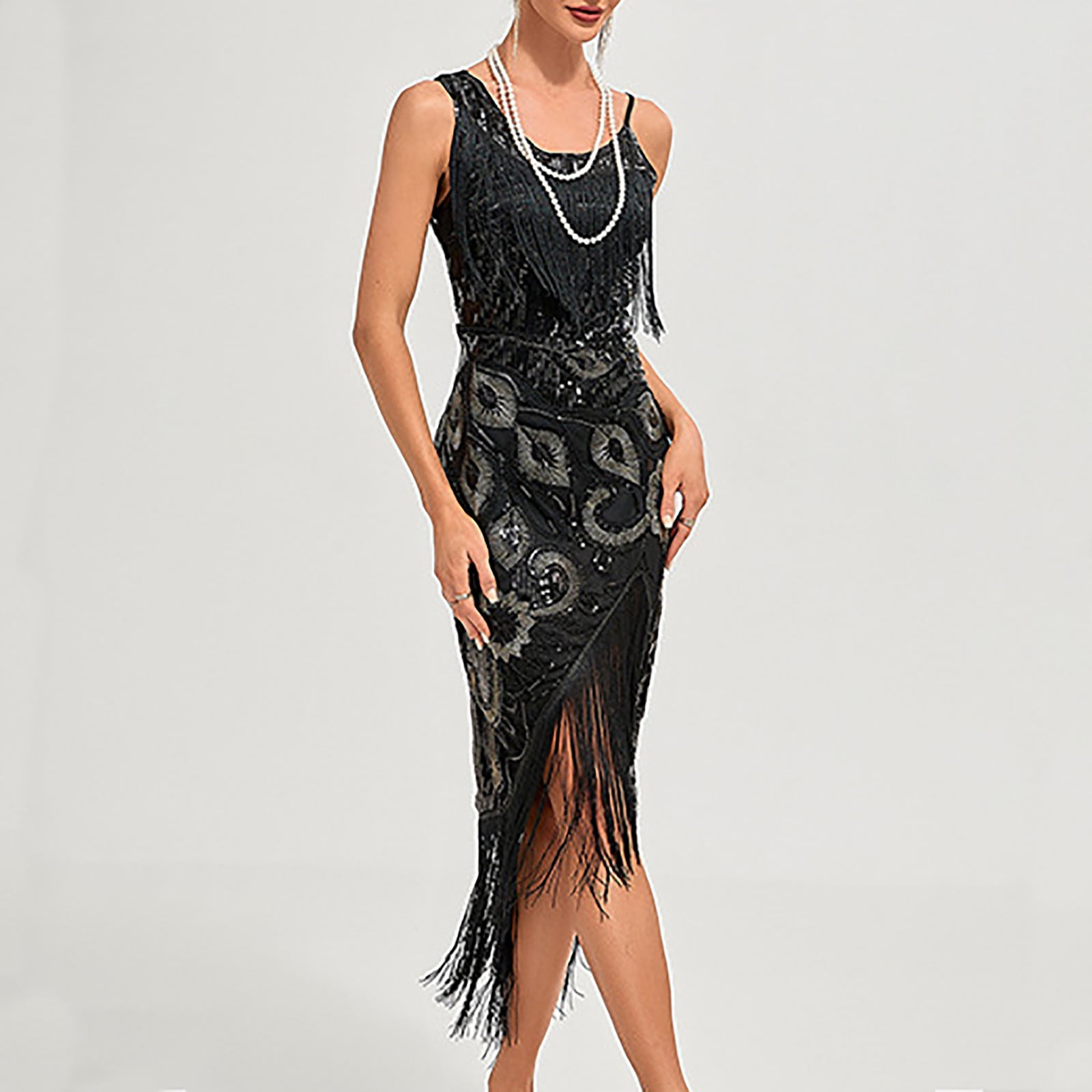 BONIXOOM Black Dresses for Women Retro Party V-Neck Tab Sleeveless ...