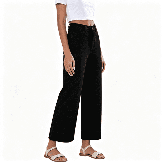 BONIXOOM Black Pants for Women, Cropped Denim Wide Leg Pants, High ...