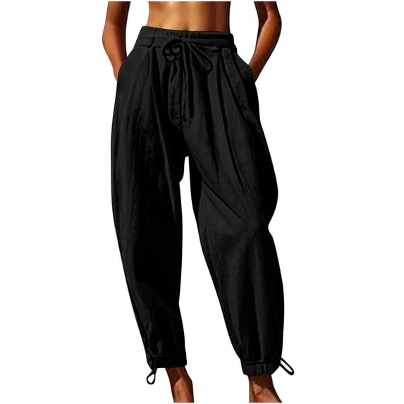 BONIXOOM Black Pants for Women, Linen Drawstring Jogger Pants, Elastic ...