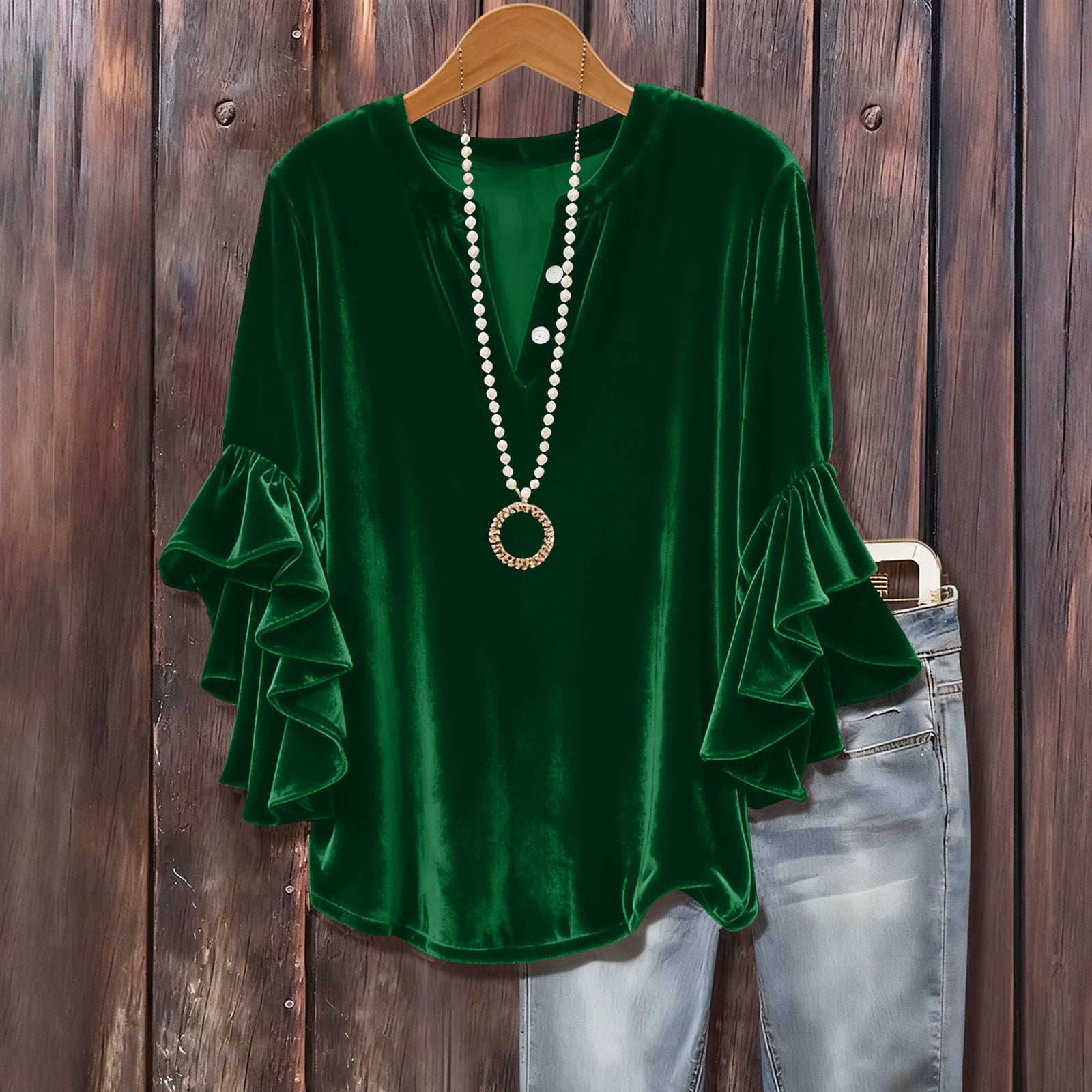 BONIXOOM Blouses for Women, Velvet V-Neck Blouse, Ruffle Bell Sleeve ...