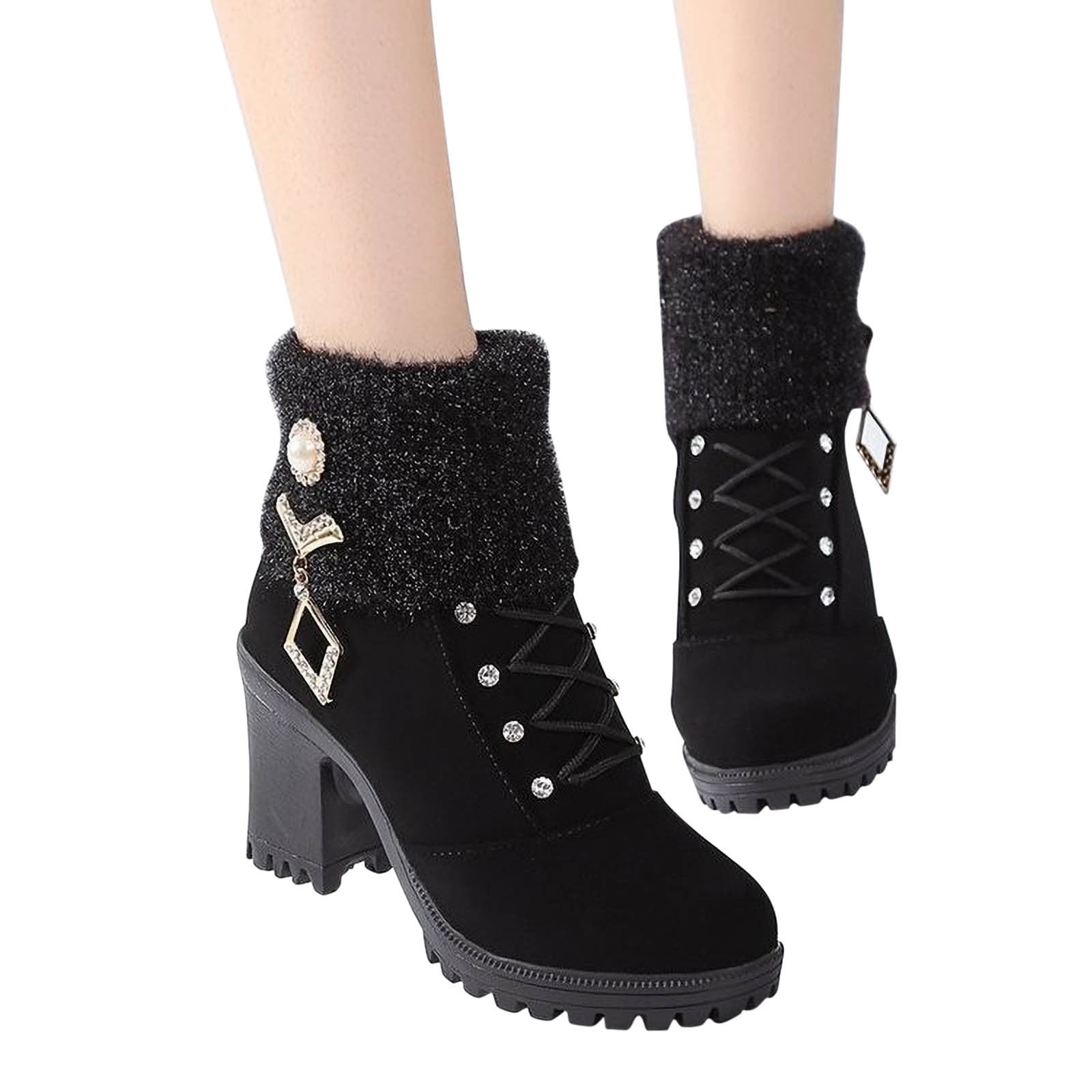 BONIXOOM Boots For Women Low Heel Rubber Slip-On Ankle Drawstring ...