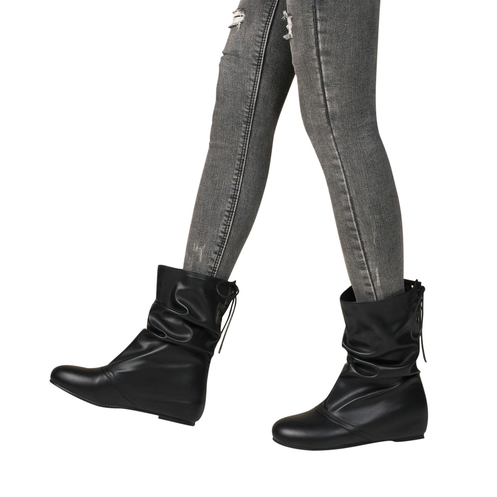 BONIXOOM Boots For Women Mid Heel Rubber Lace-Up Mid-Calf Drawstring ...