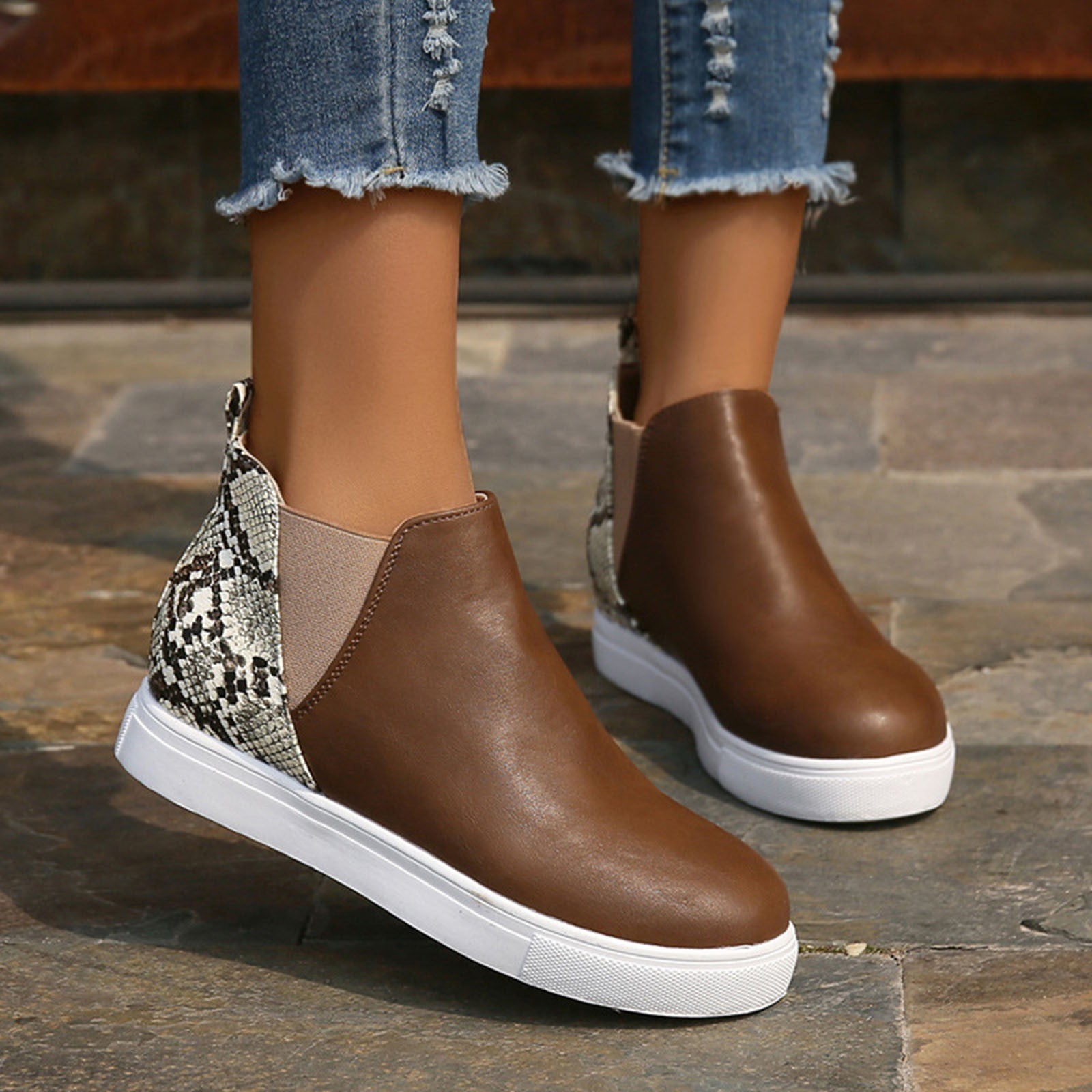 BONIXOOM Boots For Women Mid Heel Rubber Slip-On Ankle Winter Coffee ...