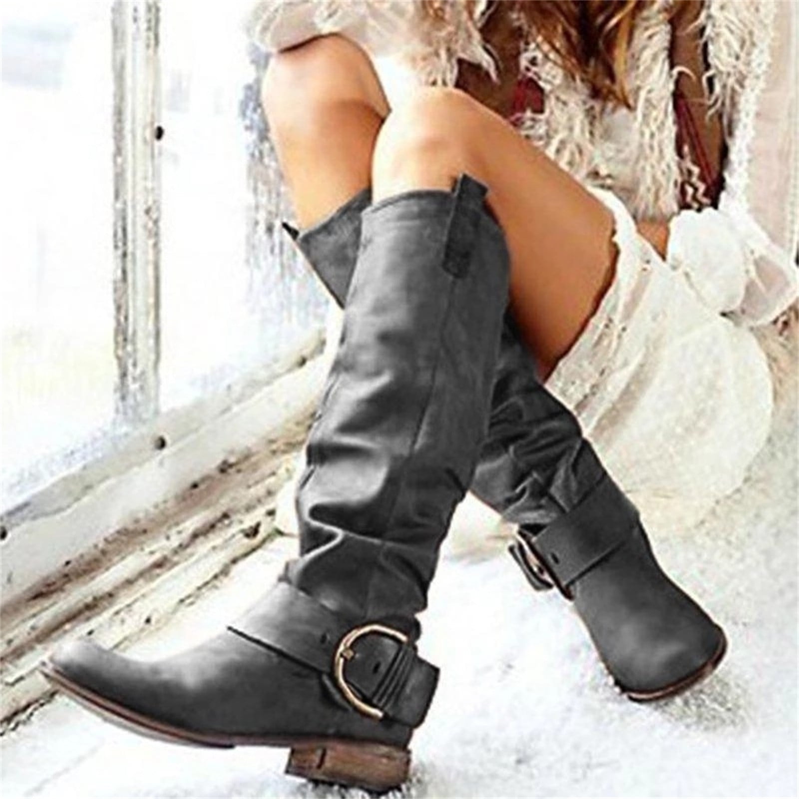 BONIXOOM Fall Boots For Women 2023 Low Heel Rubber Lace-Up Mid-Calf ...