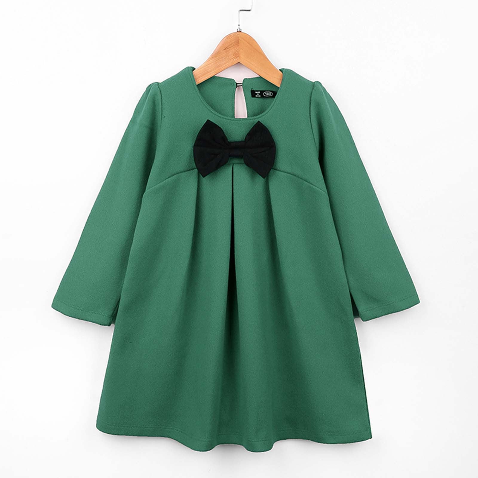 BONIXOOM Girls' Green Dress Crew Neck Tab Long Sleeve Dress Casual Midi ...
