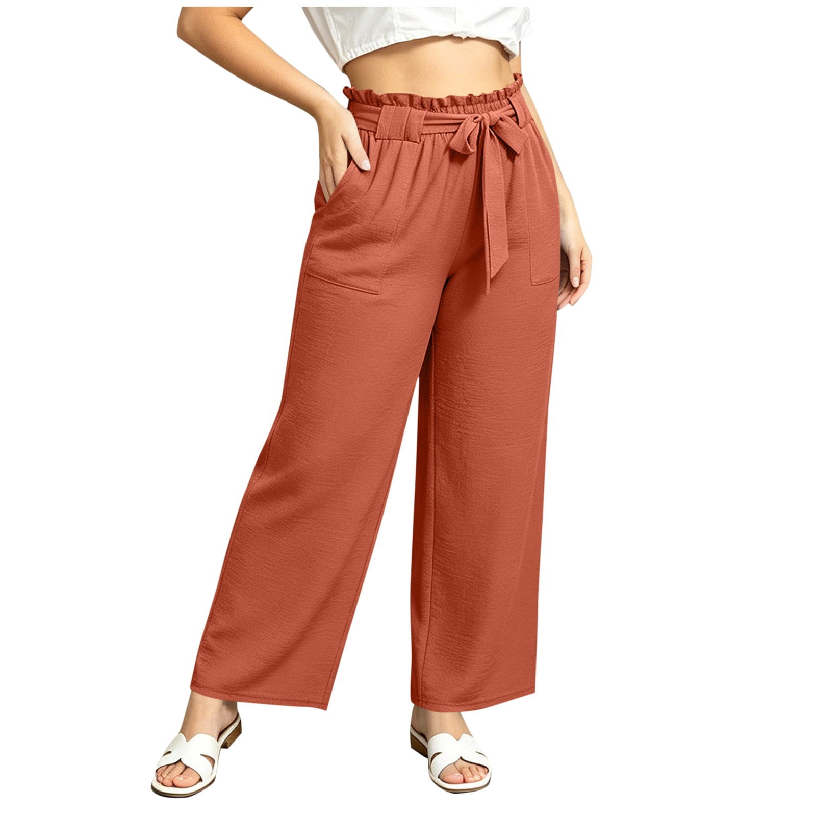 BONIXOOM Ladies Pants, Plus Size Elastic Waist Paperbag Pants, Wide Leg ...