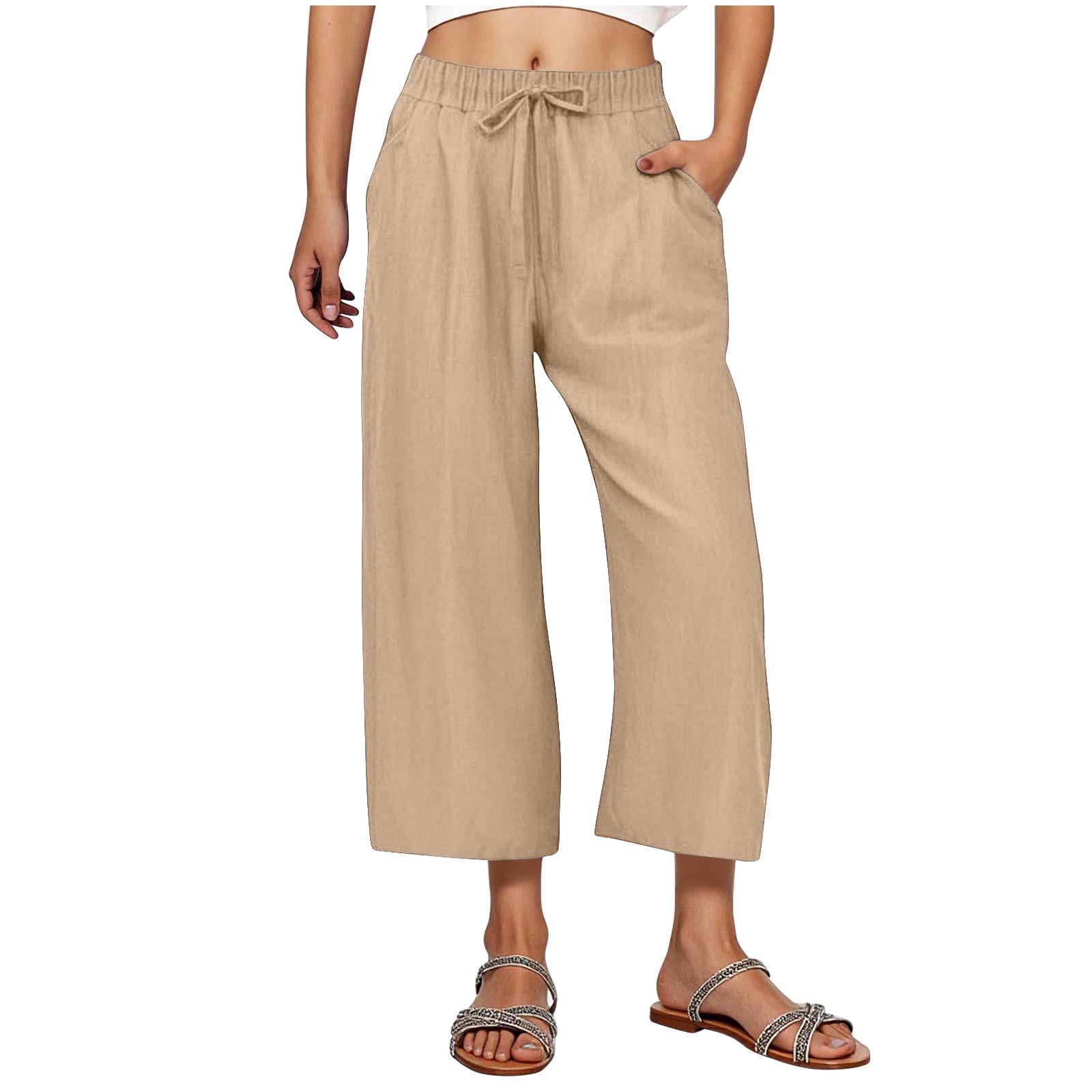 BONIXOOM Pants Women's, Elastic Waist Drawstring Linen Wide Leg Pants ...