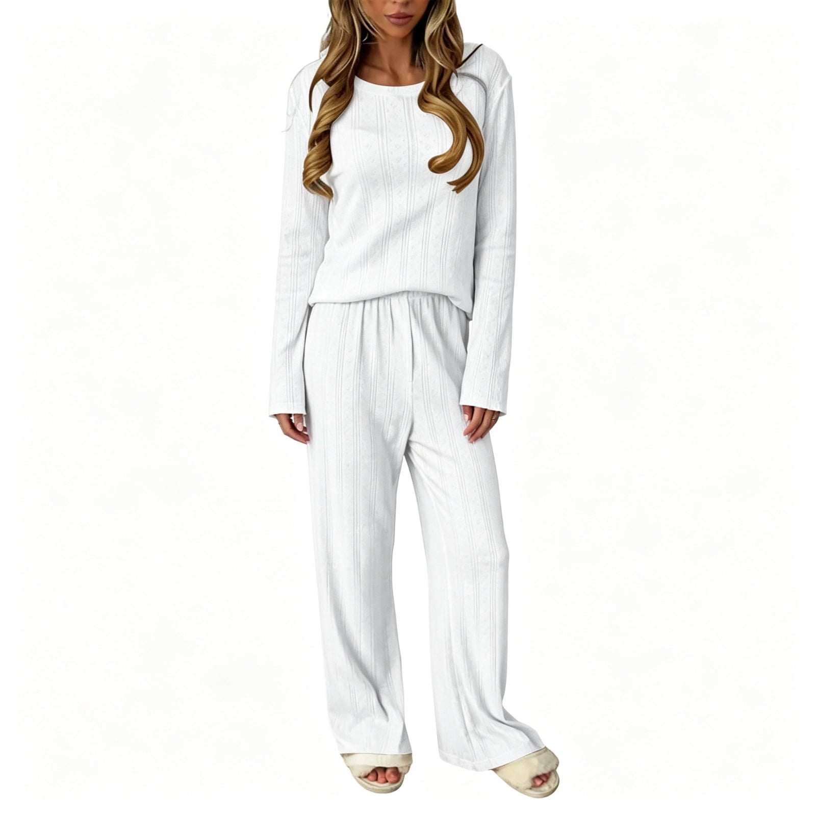 BONIXOOM Sleepwear Sets for Women, Soft Knit Loungewear Set Crew Neck ...