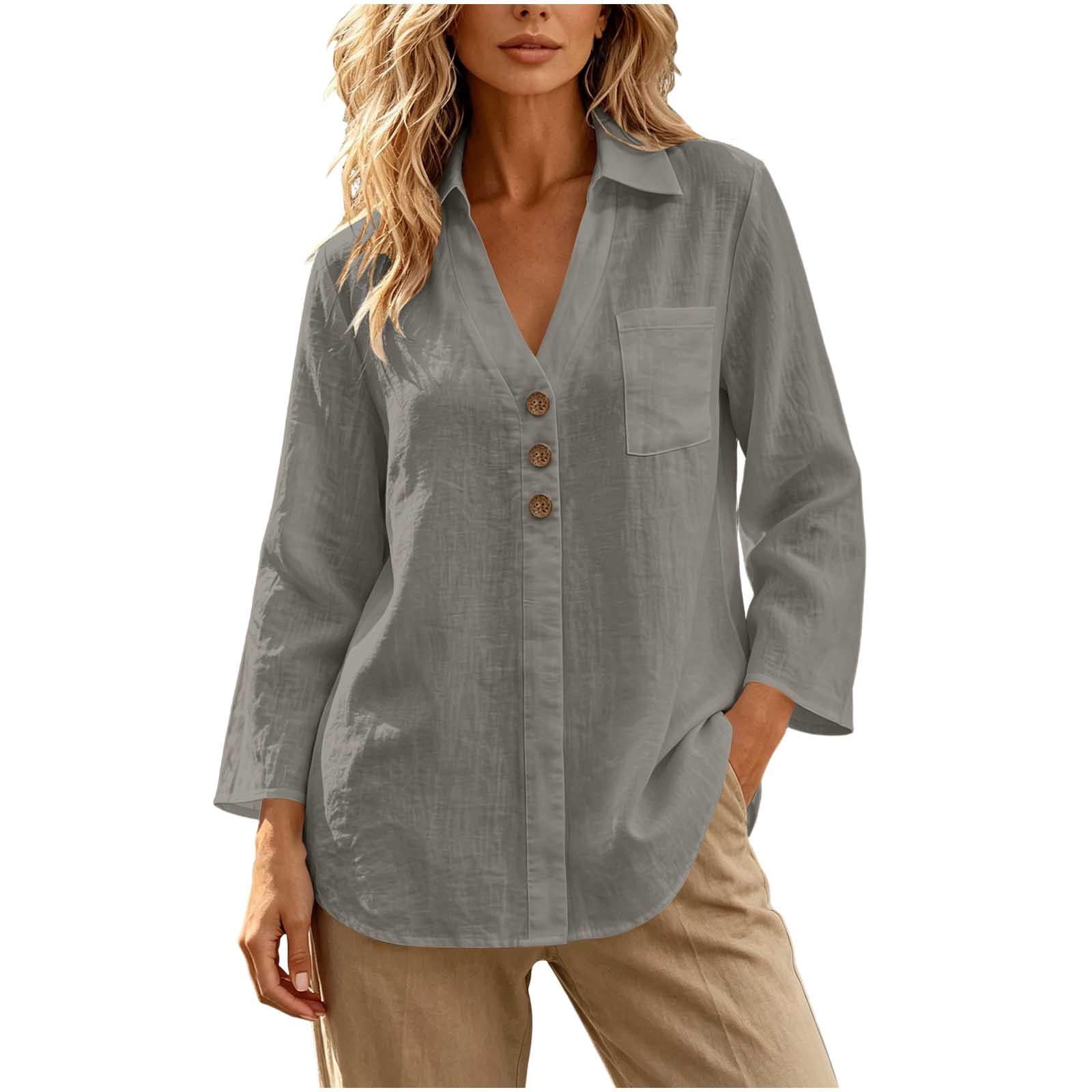 BONIXOOM Tops for Women, Cotton Linen V Neck Casual Button Shirt, Long ...