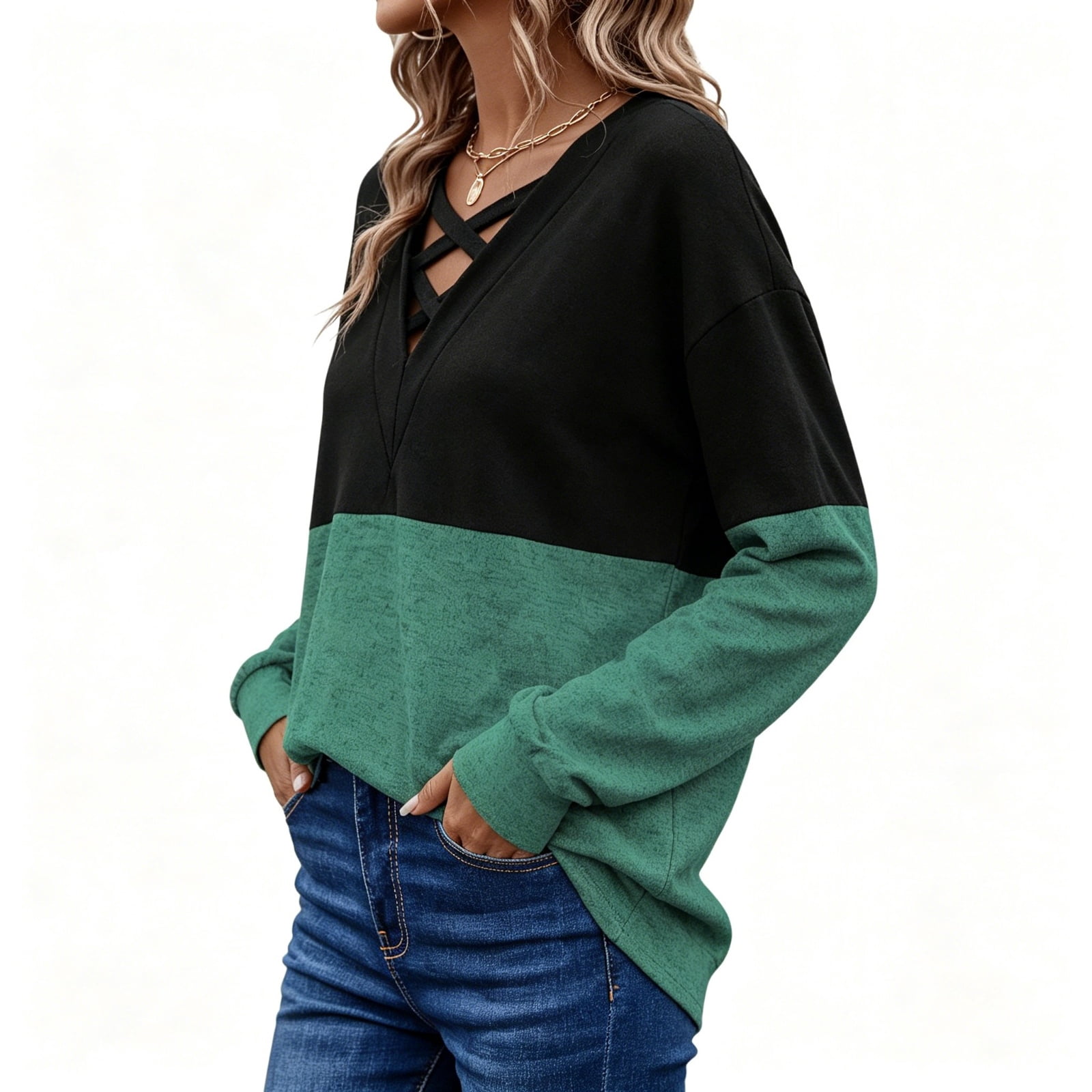 BONIXOOM Women Blouses, Loose Color Block Long Sleeve Shirts Crisscross ...