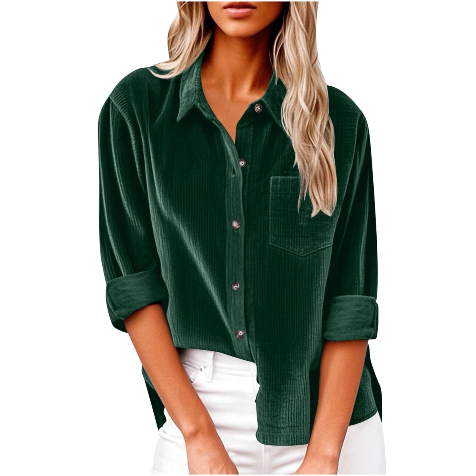 BONIXOOM Women Long Sleeve Blouses, Corduroy Button Down Shirt, Long ...