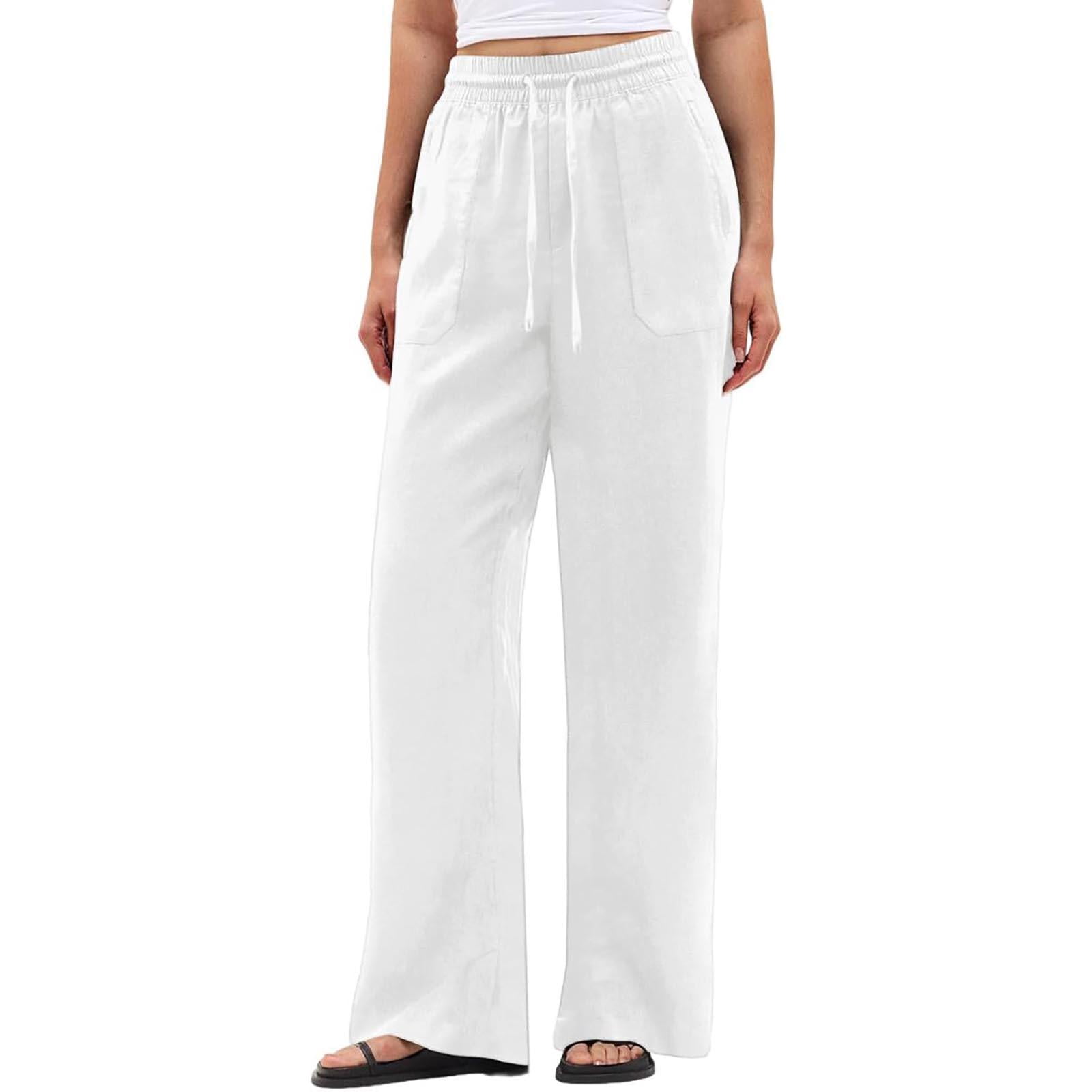 BONIXOOM Women'S White Pants, Cotton Drawstring Wide Leg Linen Pants ...