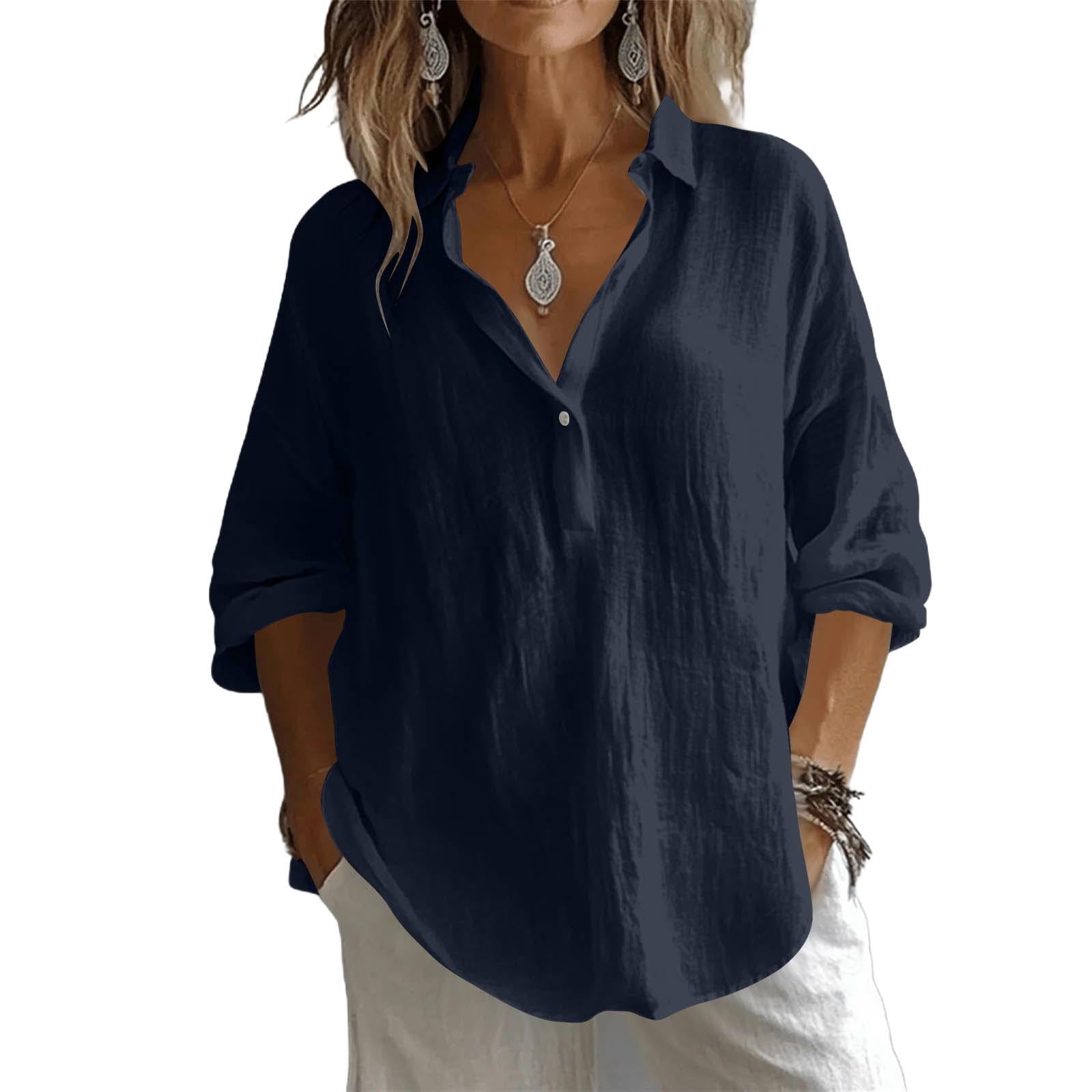 BONIXOOM Women's Long Sleeve, Linen Blend V-Neck Collared Shirt Roll ...