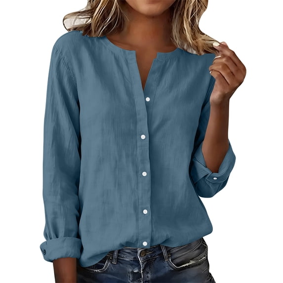 BONIXOOM Women's Tops Long Sleeve, V Neck Linen Cotton Blouse, Button ...