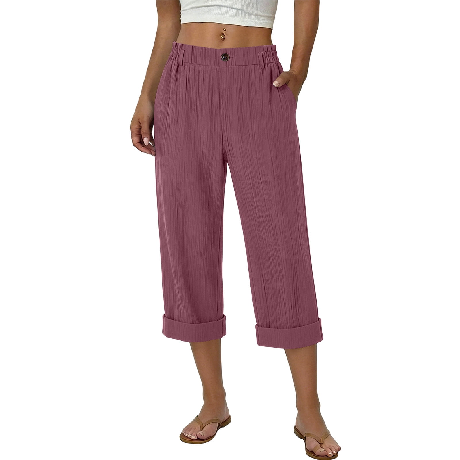 BONIXOOM Womens Capri Pants, High Waist Pleated Pants, Roll Hem Side ...
