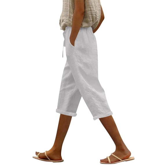 BONIXOOM Womens Cropped Pants, Linen Capri Pants, Drawstring Waist ...