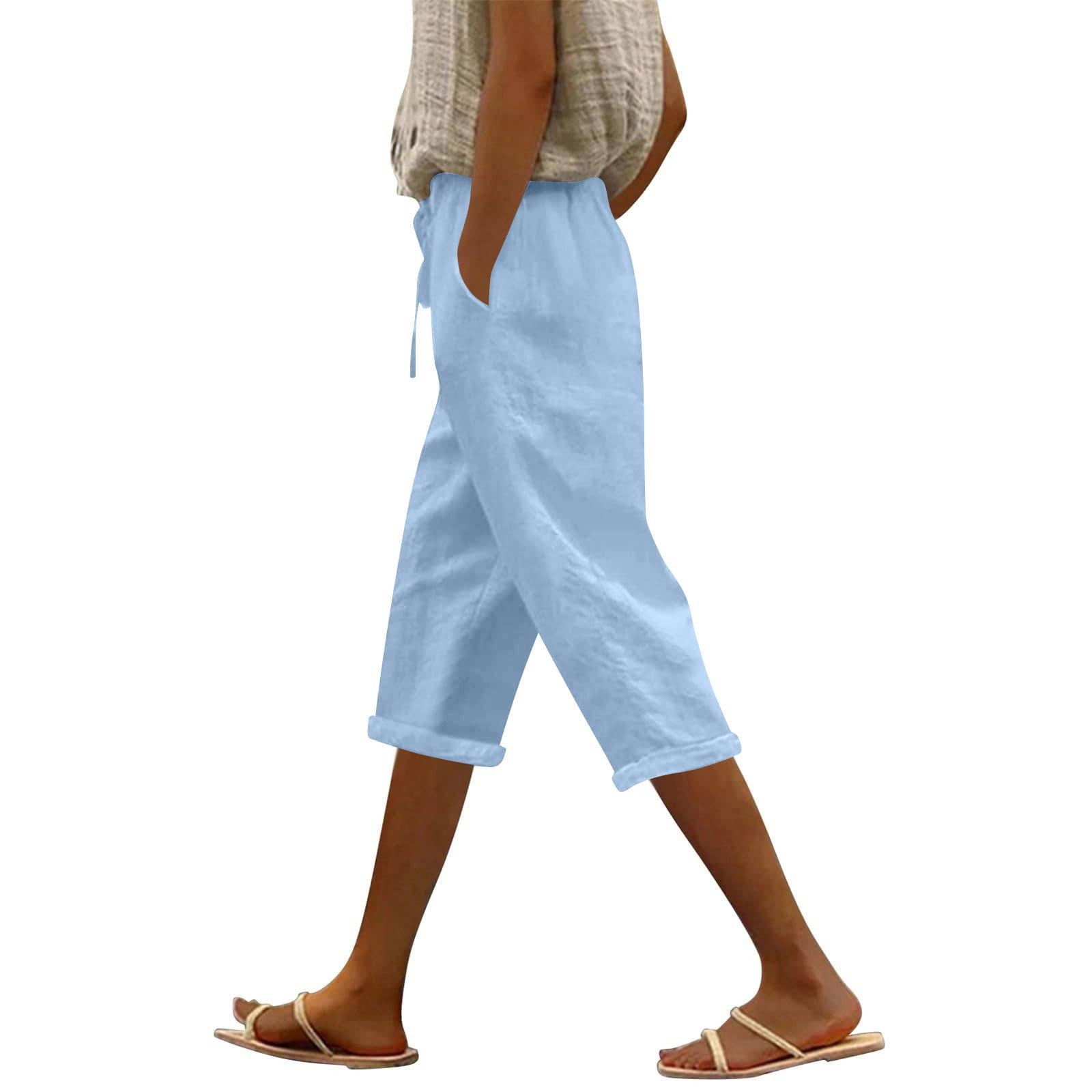 BONIXOOM Womens Pants Cropped, Linen Capri Pants, Drawstring Waist ...