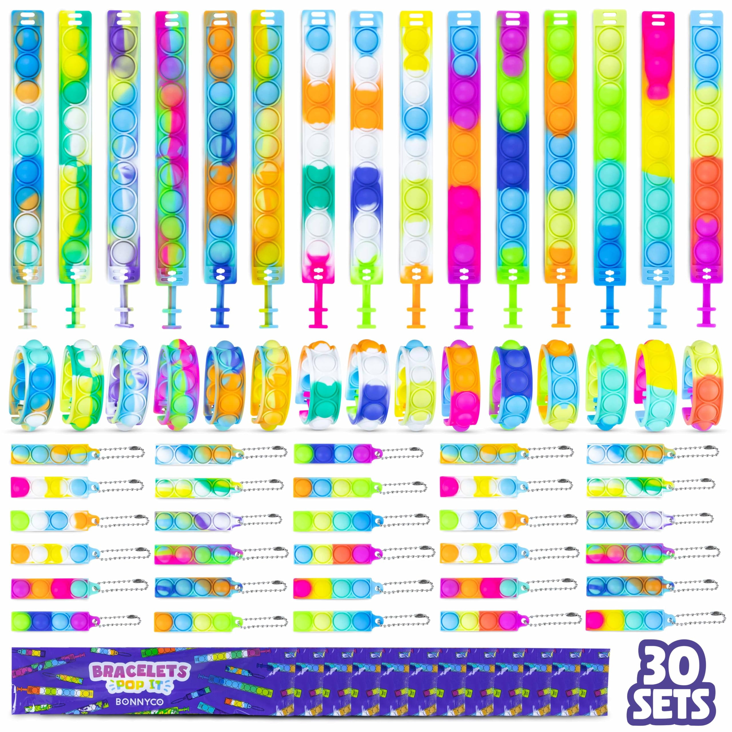 BONNYCO Pop It Bracelets and Keychains Pack 30 Kids Party Favors ...