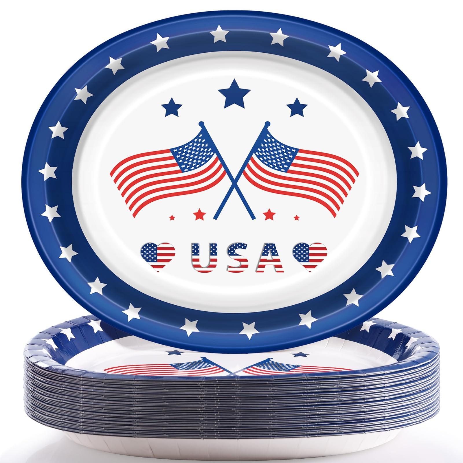 BONSINY 50 Count 4th of July AFN1Plates Oval Blue Paper Plates 12 inch ...