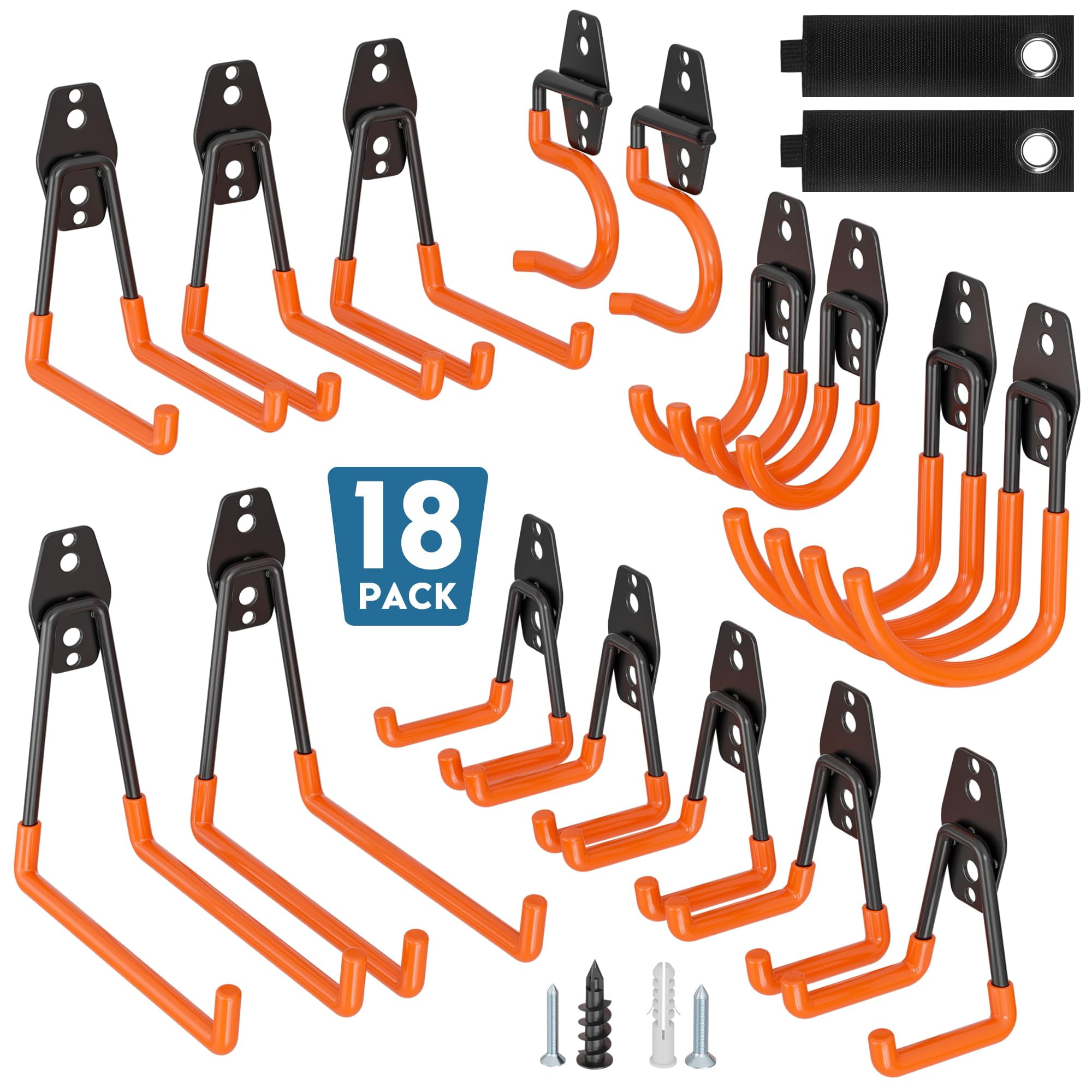 BONTEC 18-Pack Heavy Duty Orange Garage Hooks, Steel Mount with Anti-Slip Coating, High Load ...