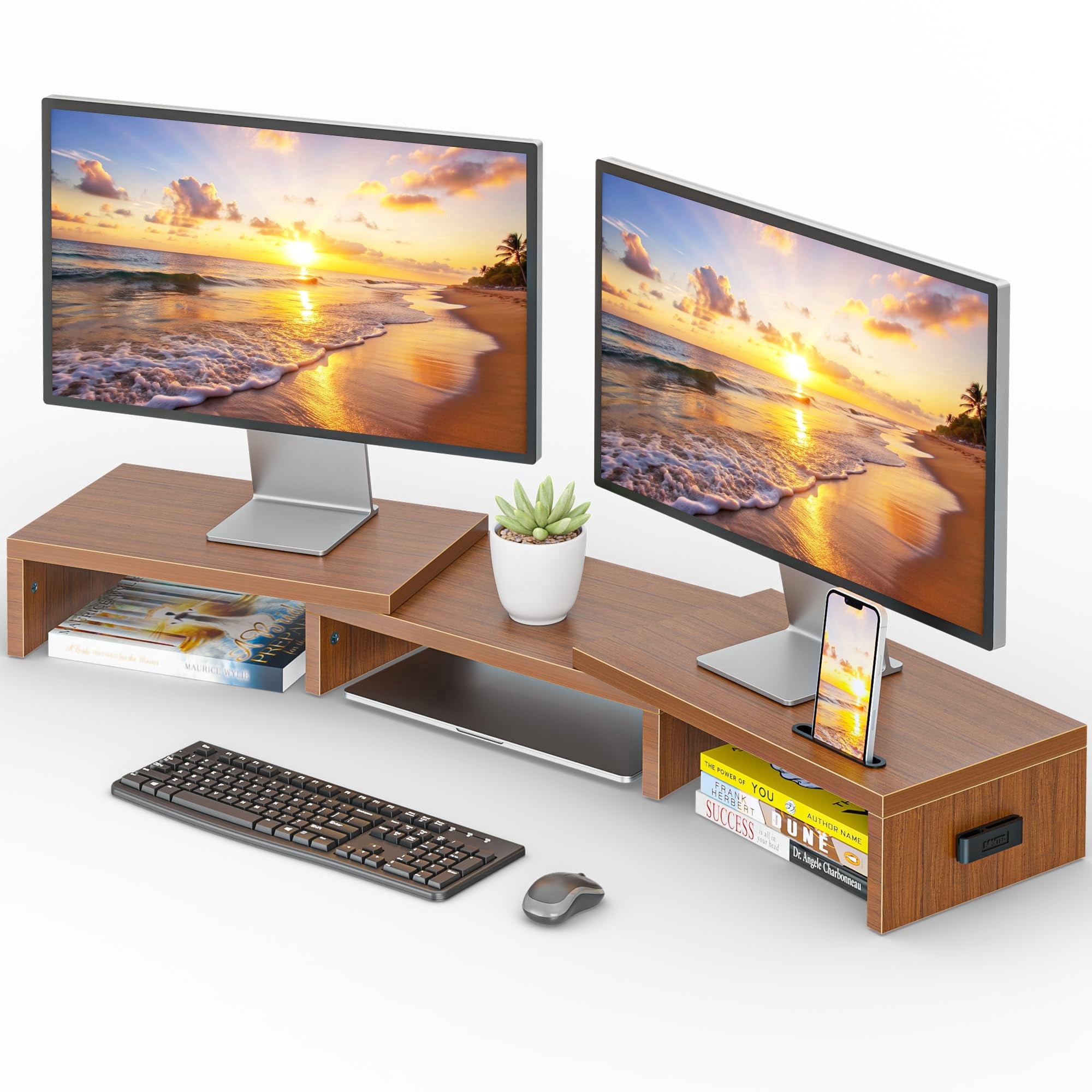 BONTEC Dual Monitor Stand Riser with Smartphone Holder, Adjustable ...