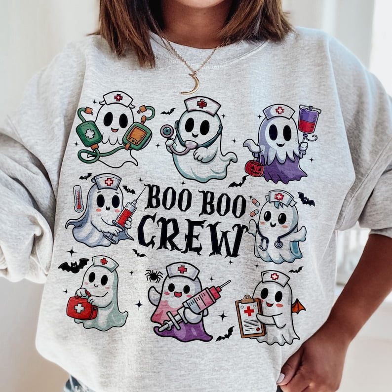BOO BOO Crew Nurse Halloween Sweatshirt, Cute Pink Ghost Shirt, Trendy ...
