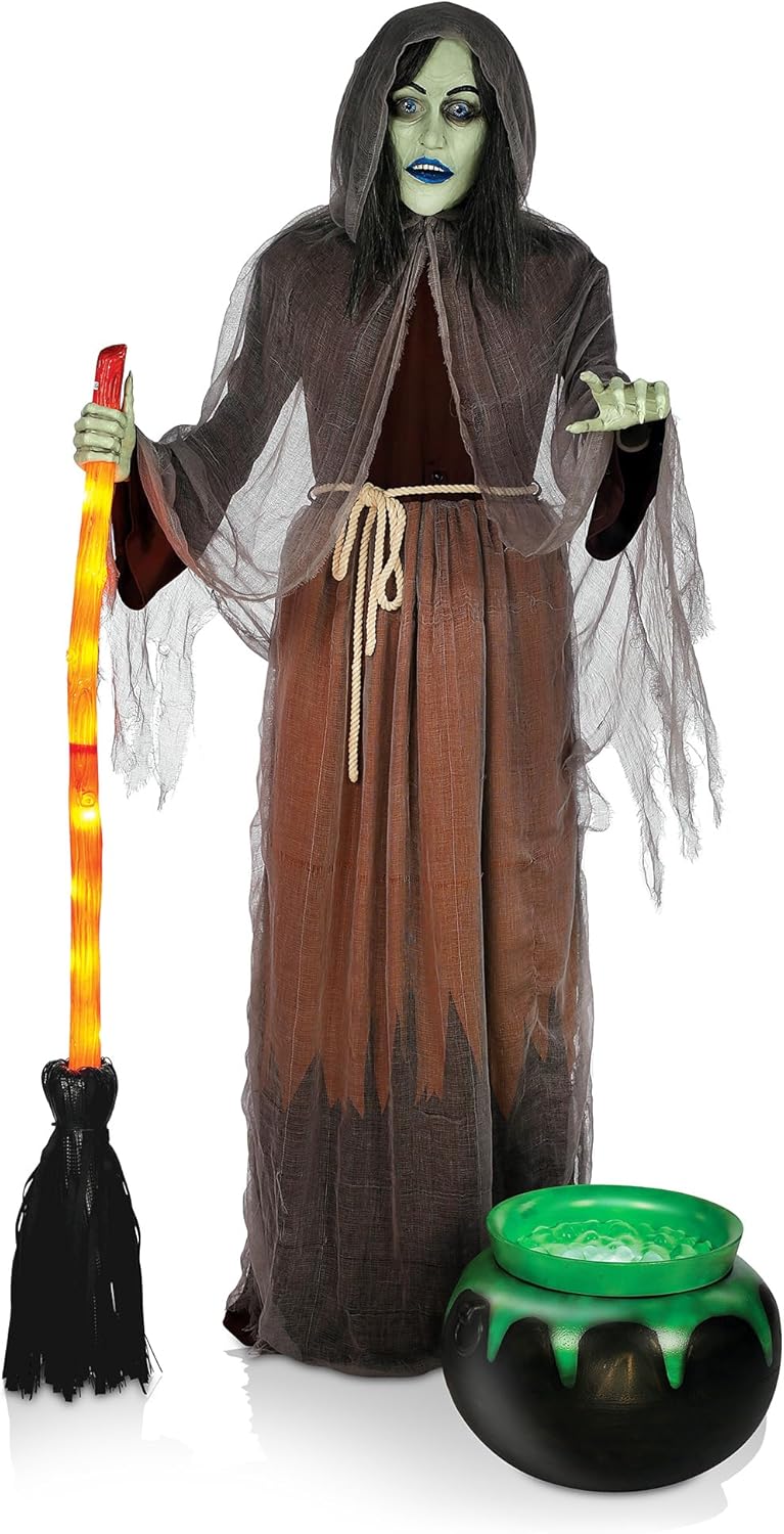 BOO BOX 6ft Halloween Animatronic Witch with Light and Sound Cauldron ...