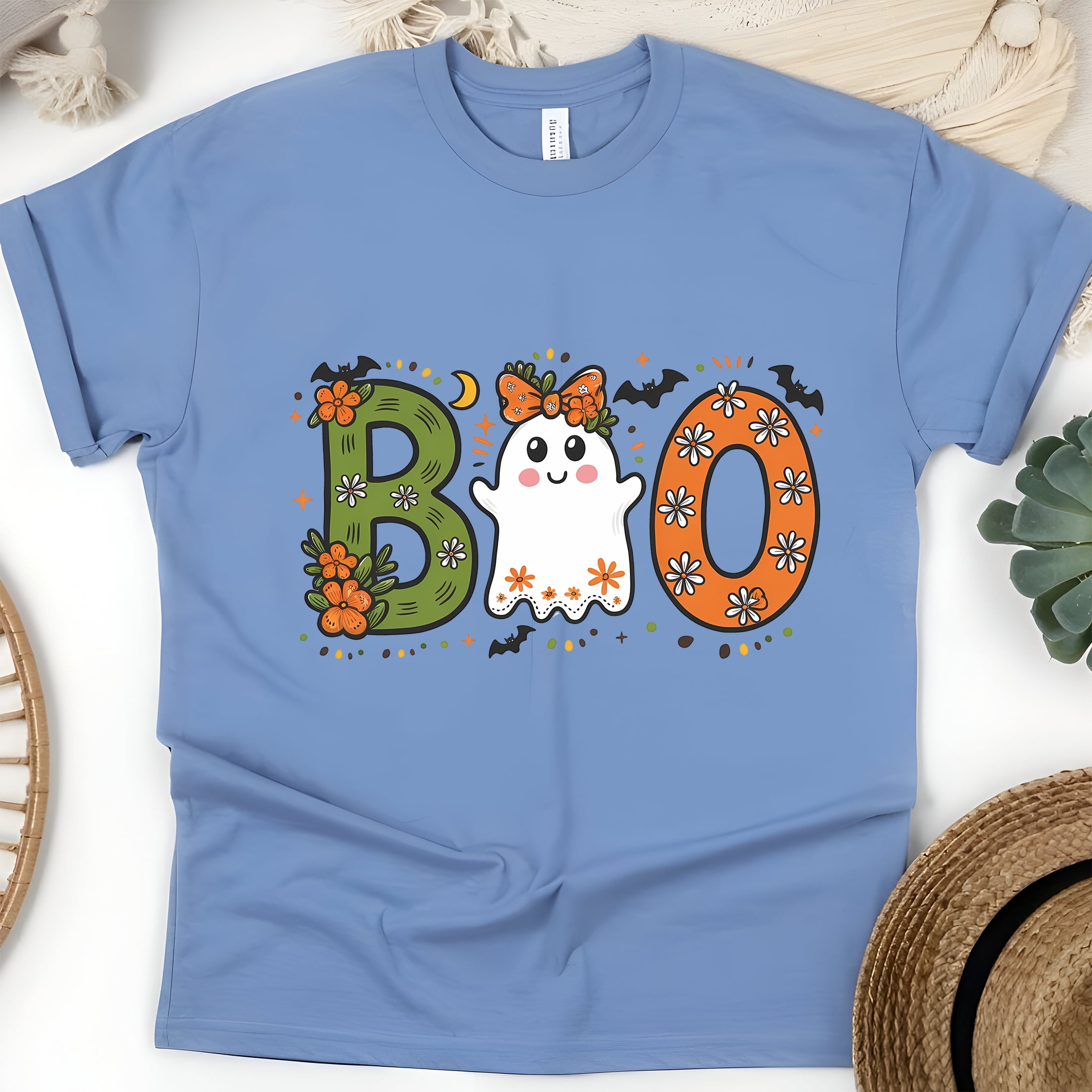 BOO Ghost Girl Halloween Shirt Cute Fall Flowers Pumpkin Tee ...