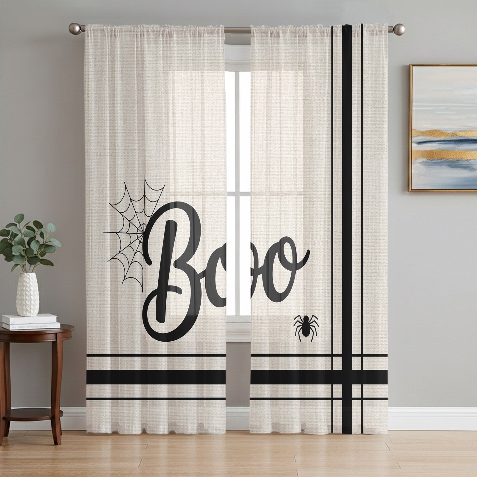 BOO Halloween Semi Sheer Curtains 108 Inch Length 2 Panels Set, Striped ...