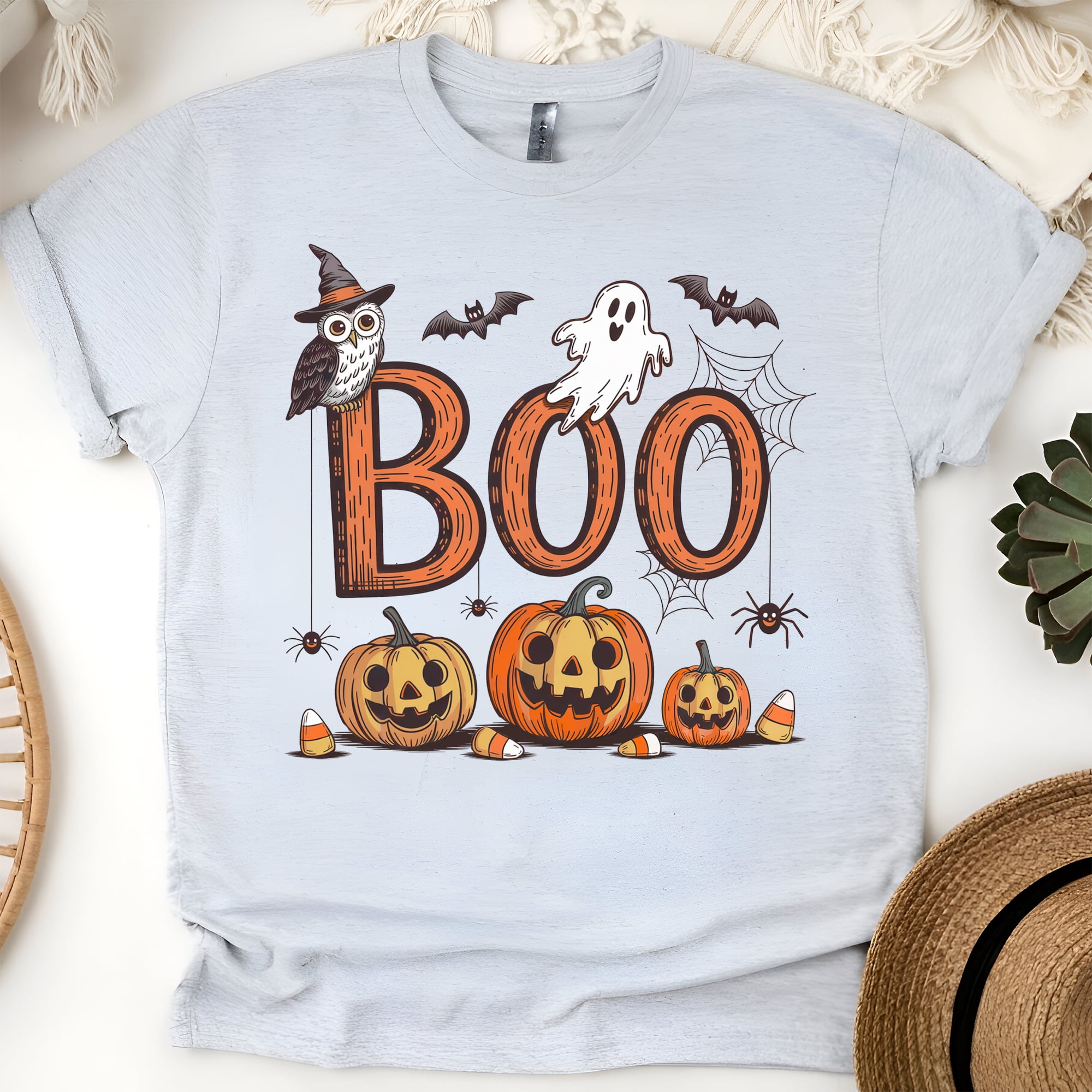 BOO Halloween Shirt | Cute Ghost, Owl, and Pumpkin Graphic Tee, Ash ...