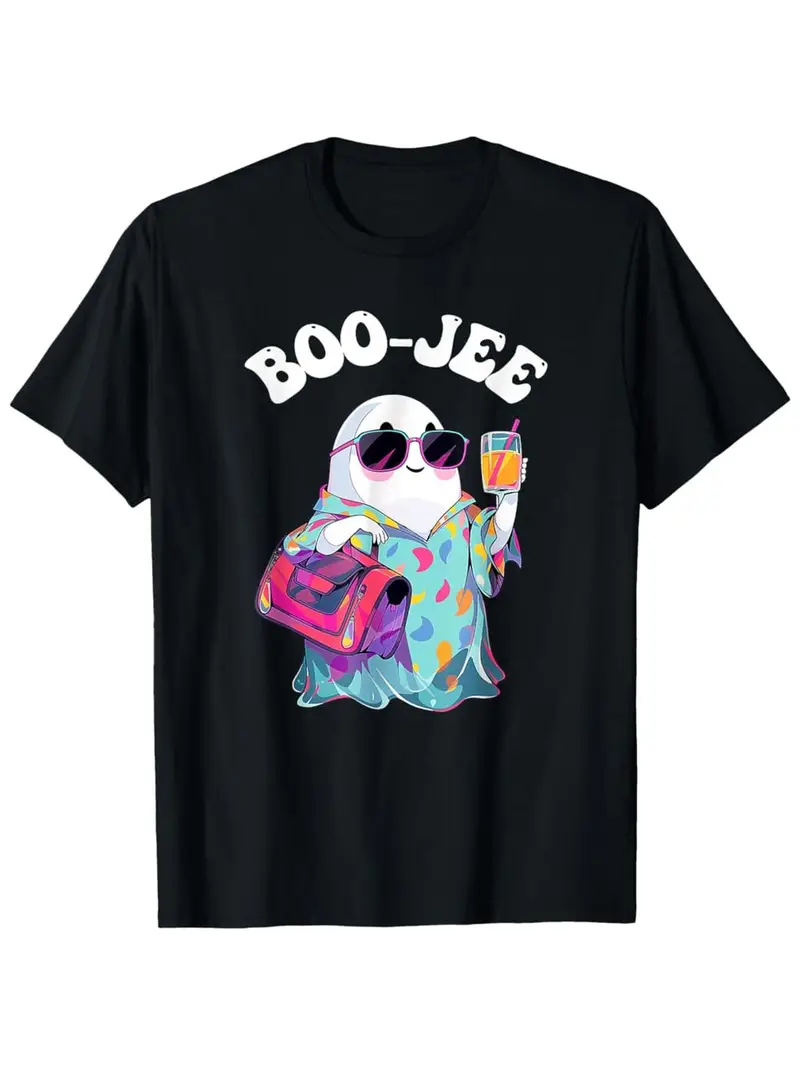 BOO JEE Ghost Graphic Tee - Humorous Cartoon Figure in Hawaiian Attire ...