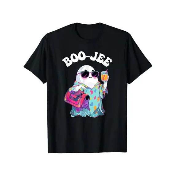BOO JEE Ghost Graphic Tee - Humorous Cartoon Figure in Hawaiian Attire ...