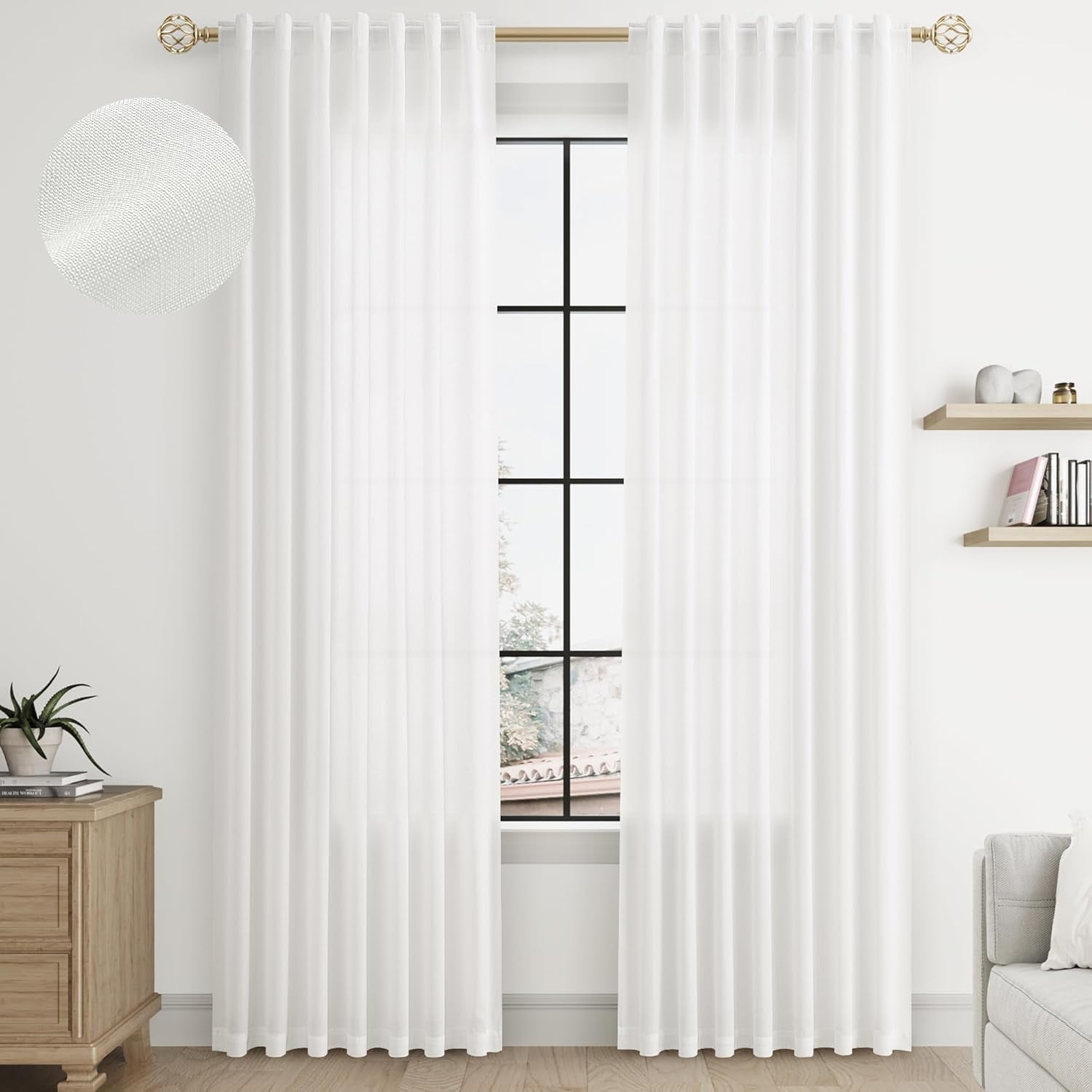 BOODII Semi Sheer Textured Linen Curtains 84 Inches Length Long, 2 ...