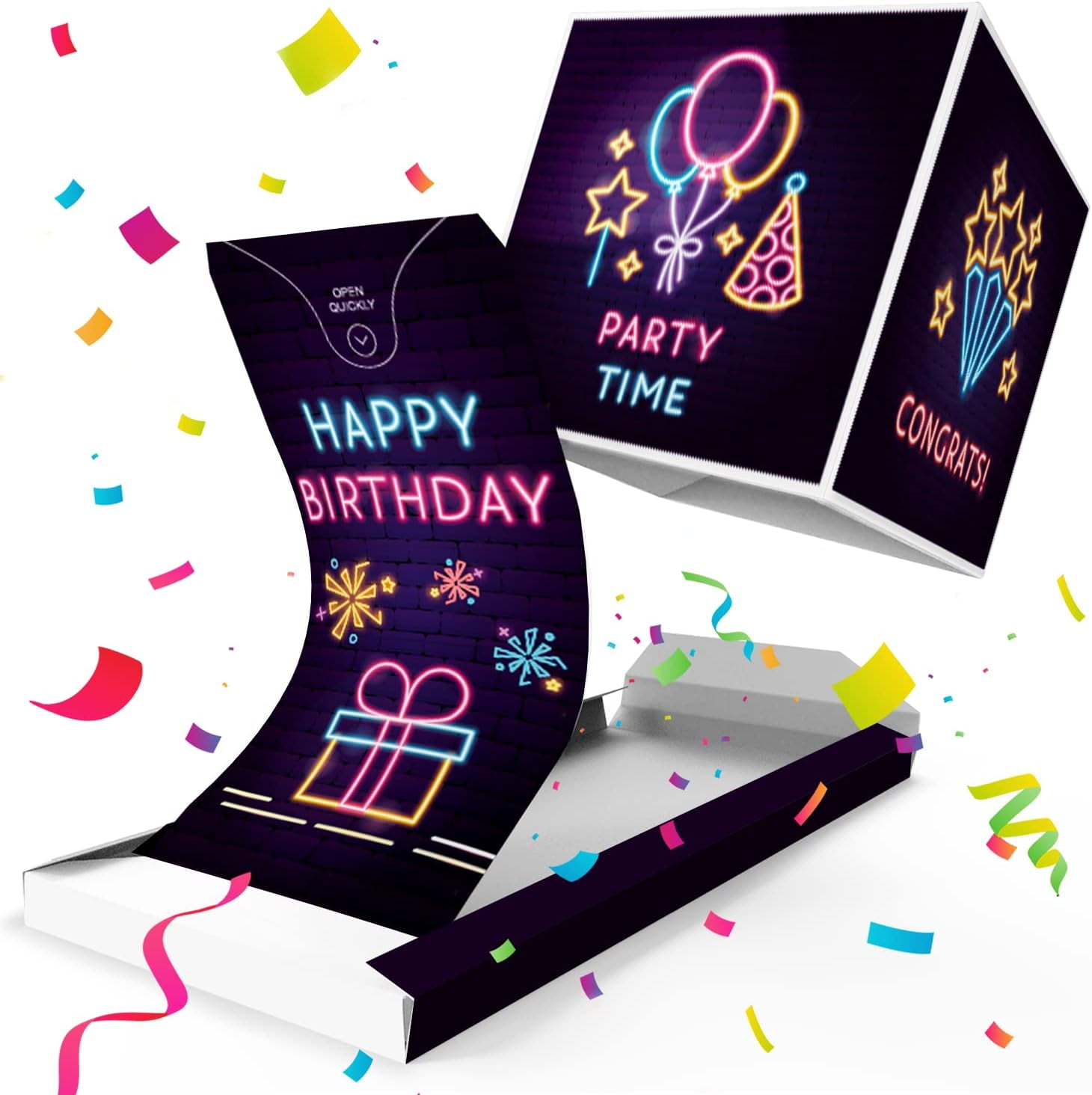«BOOM» Happy Birthday Exploding Confetti Surprise Card (Neon), Prank Box Pop Up Explosion ...