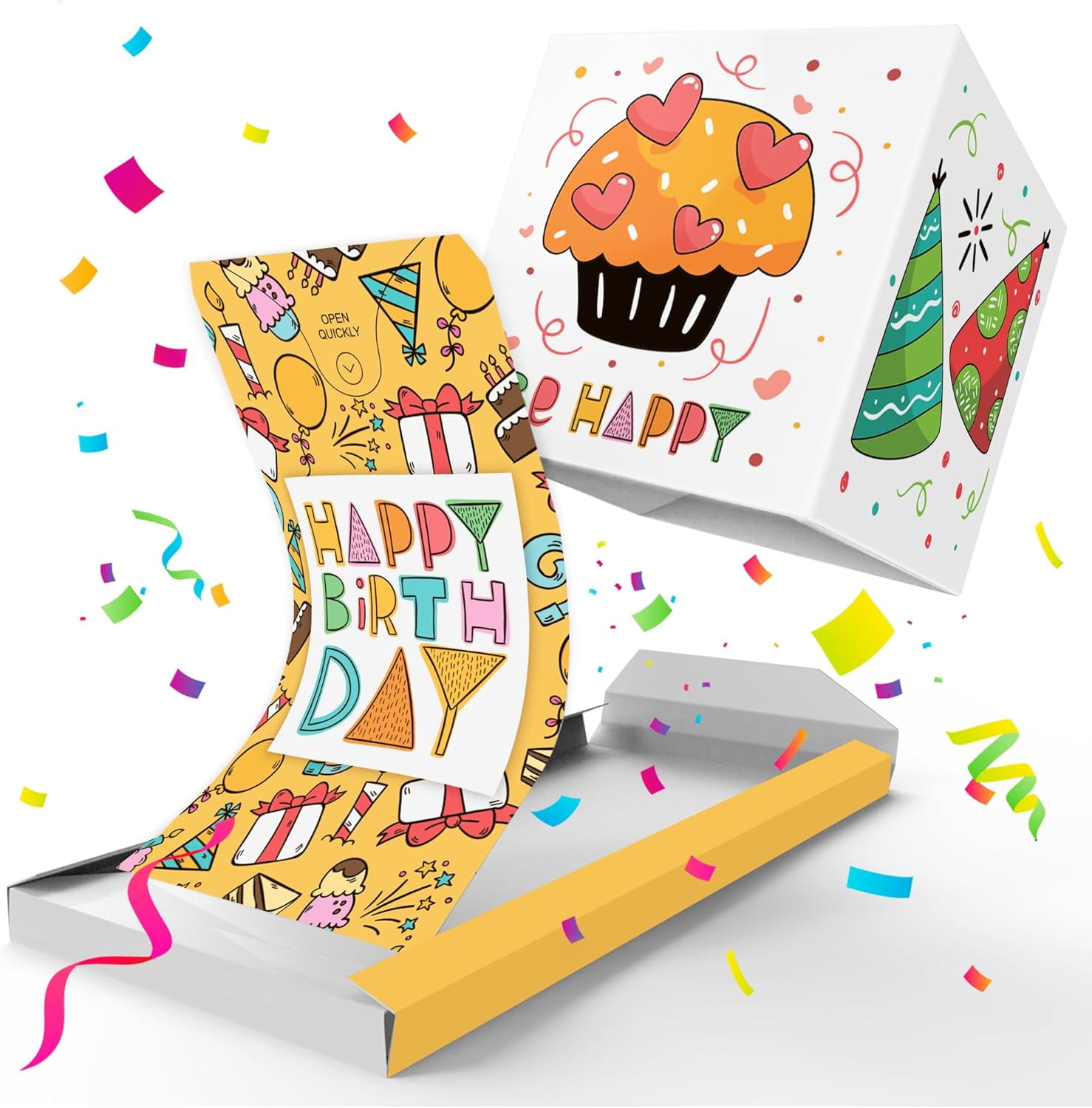 «BOOM» Happy Birthday Exploding Confetti Surprise Card (Yellow), Prank Box Pop Up Explosion ...