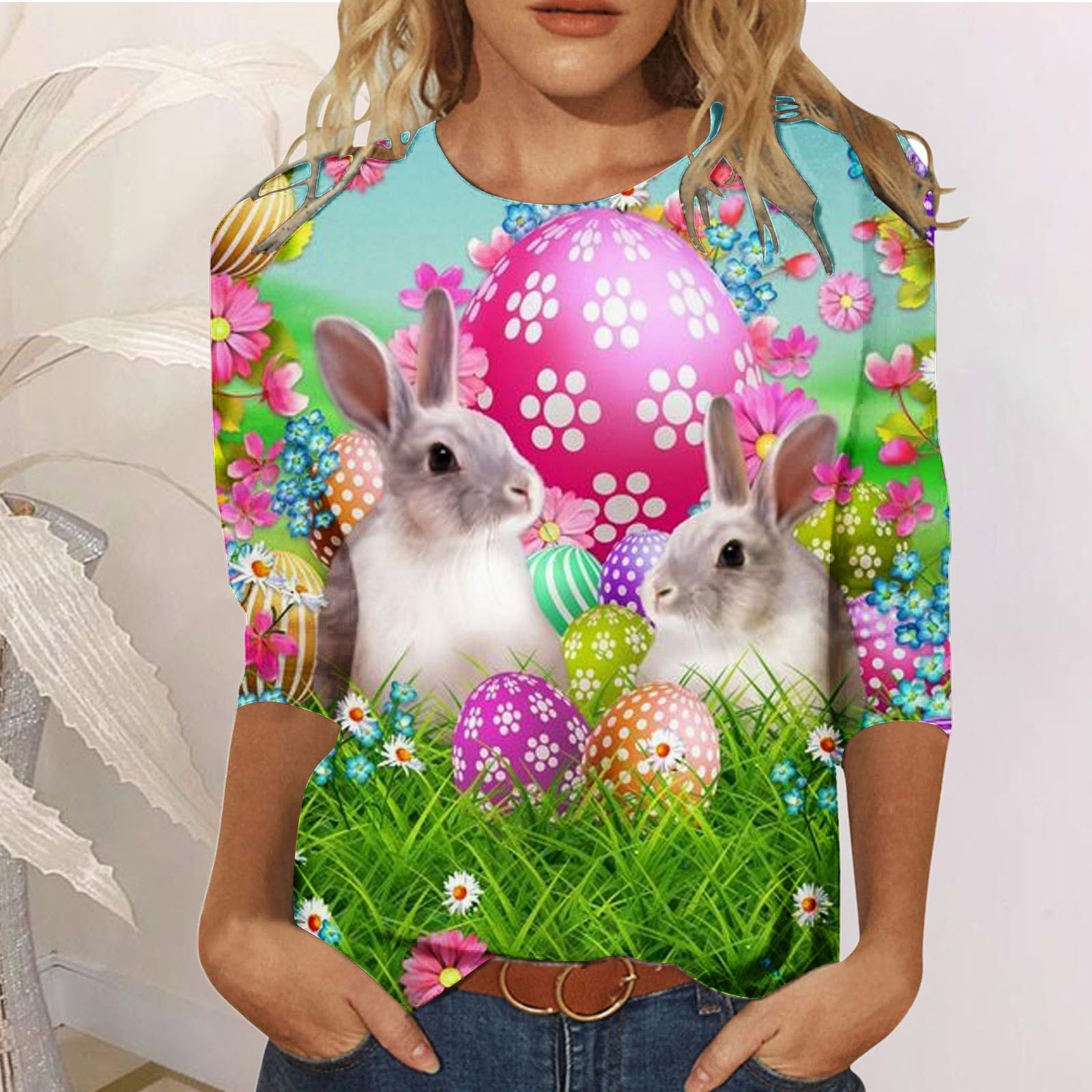 BOOMILK Easter T Shirts for Women Trendy Bunny Rabbit Printed Crew Neck ...