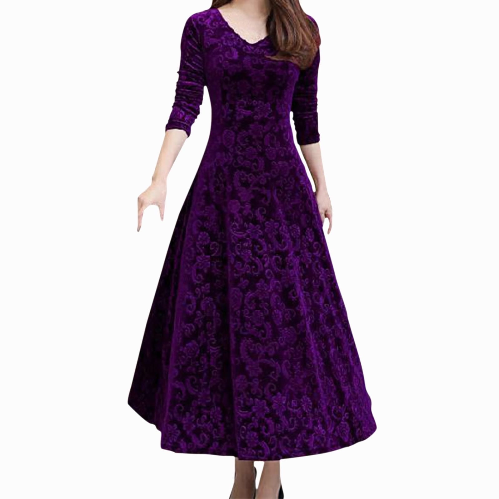 BOOMILK Formal Dresses for Women Elegant V Neck Long Sleeve Velevt Maxi ...