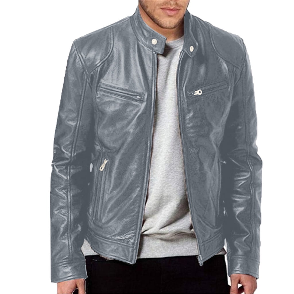 BOOMILK Leather Jacket Men Fall Winter Stand Collar Zip Faux Long ...
