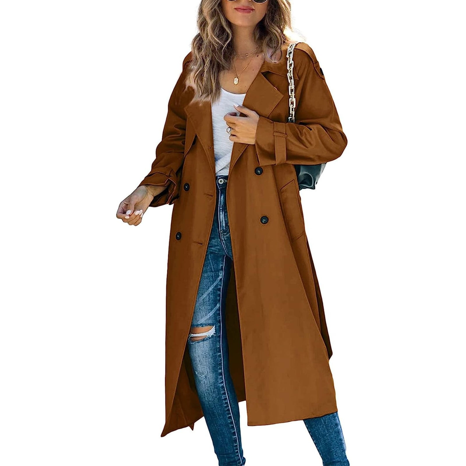 BOOMILK Long Trench Coats for Women Trendy Double Breasted Fall Solid ...