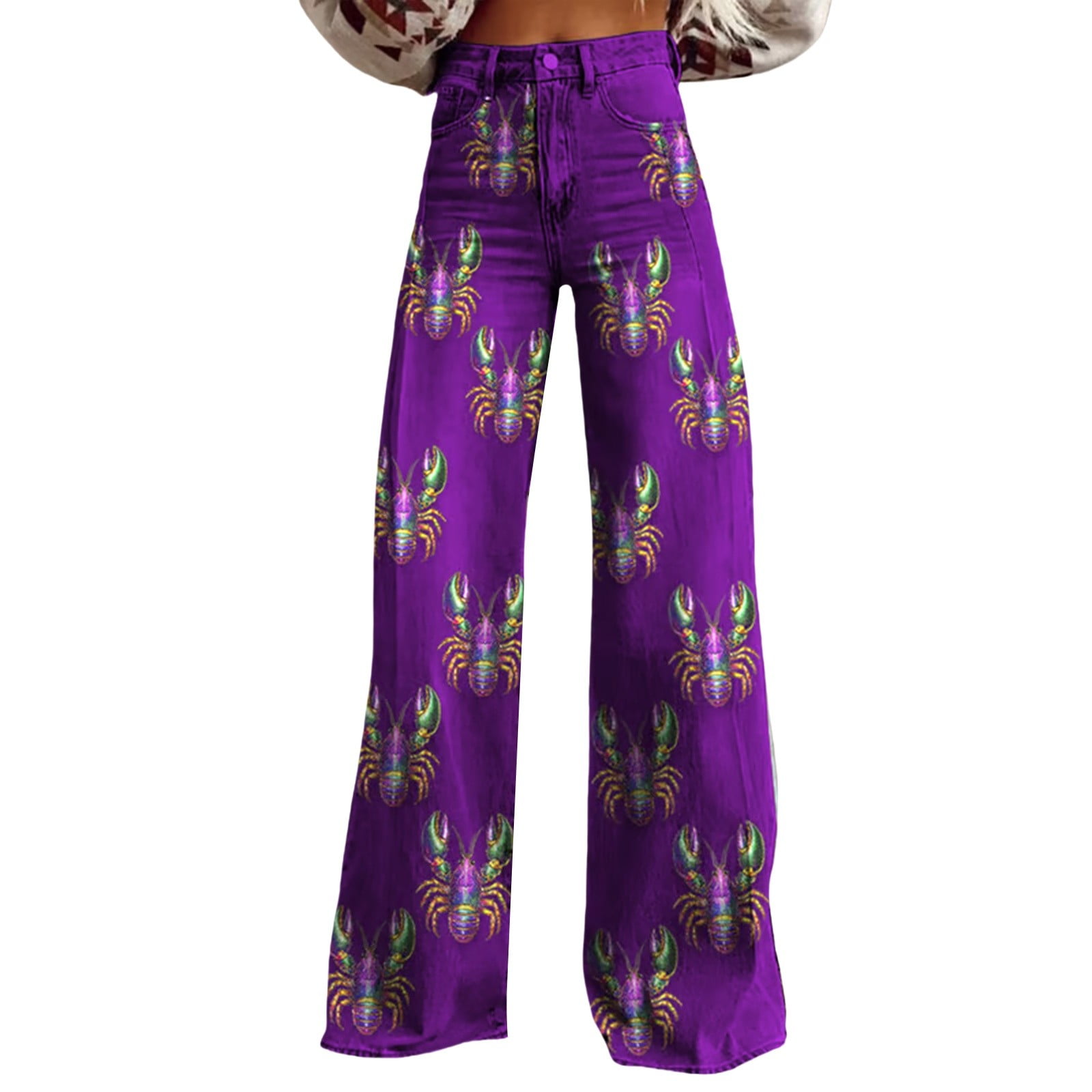 BOOMILK Mardi Gras Pants for Women Baggy High Waisted Wide Leg Jeans ...