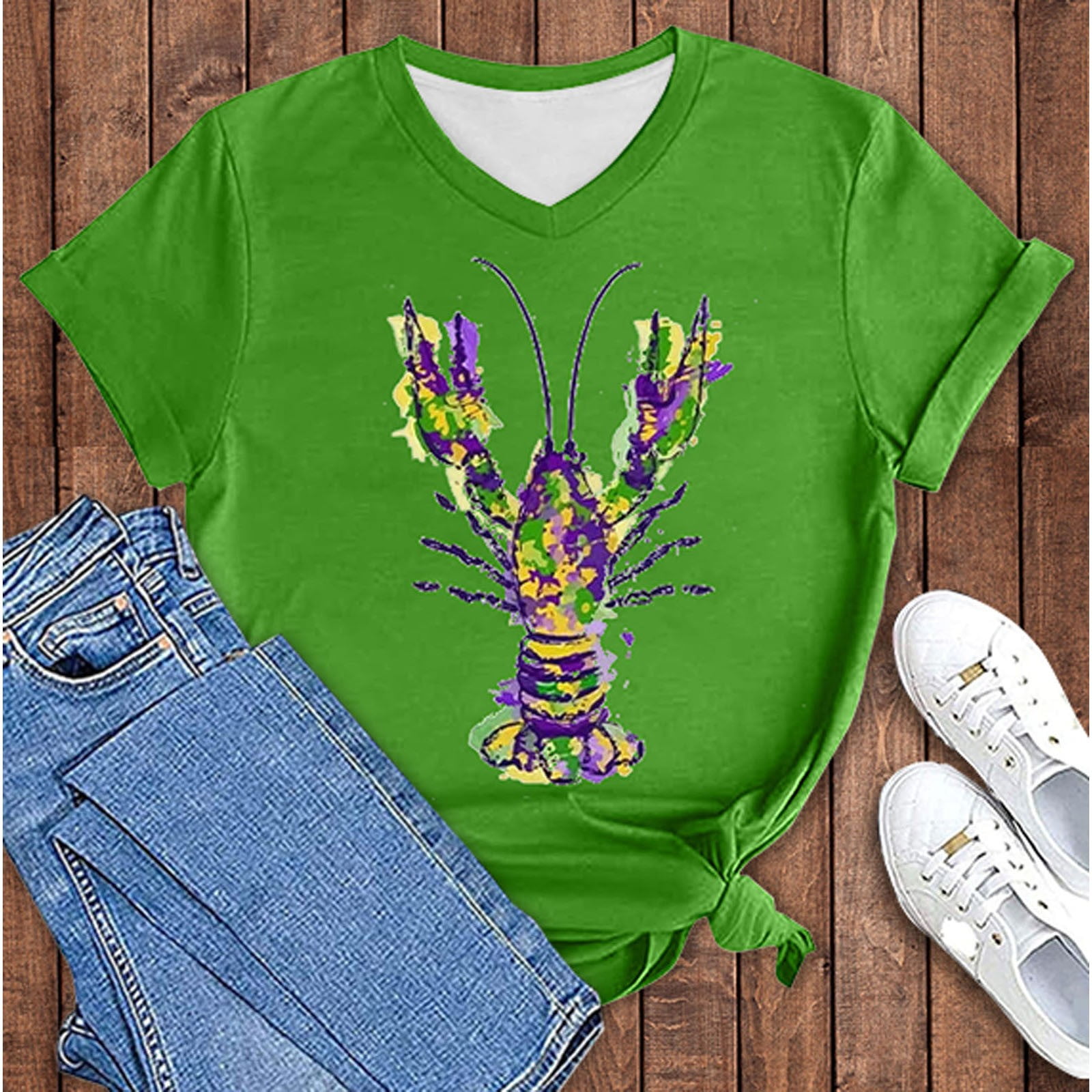 BOOMILK Mardi Gras Shirts for Women Carnival Crawfish Lobster Print V ...