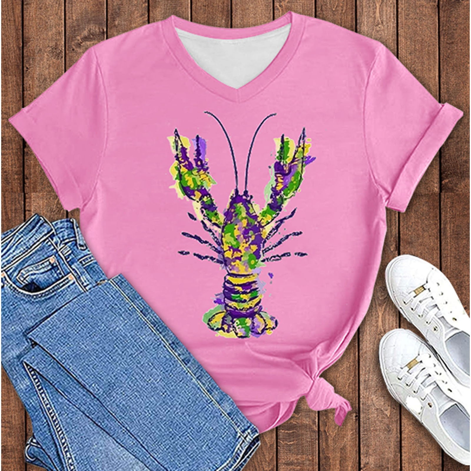 BOOMILK Mardi Gras Shirts for Women Carnival Crawfish Lobster Print V ...