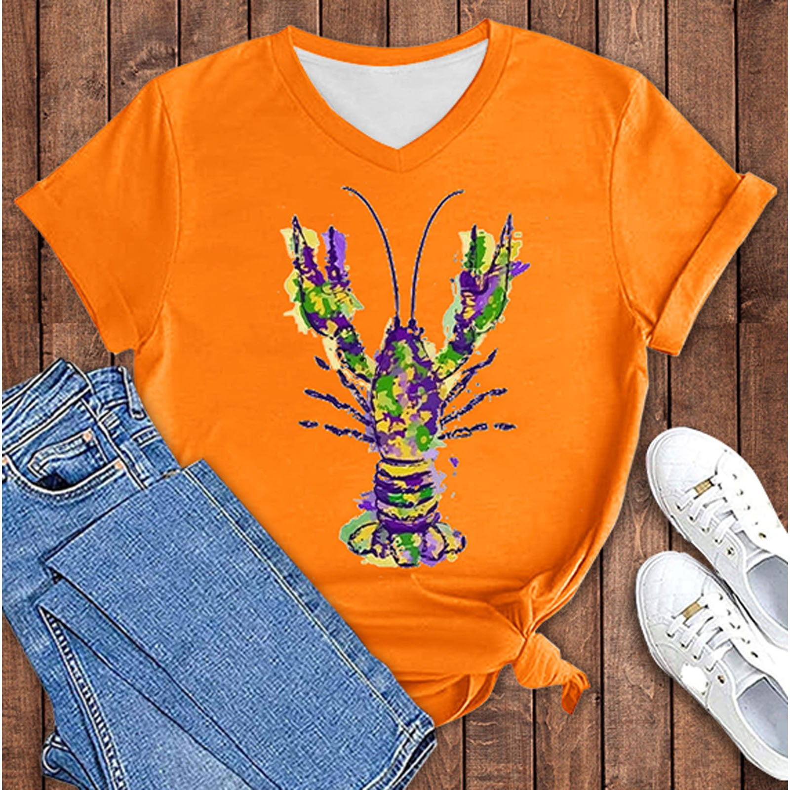 BOOMILK Mardi Gras Shirts for Women Carnival Crawfish Lobster Print V ...