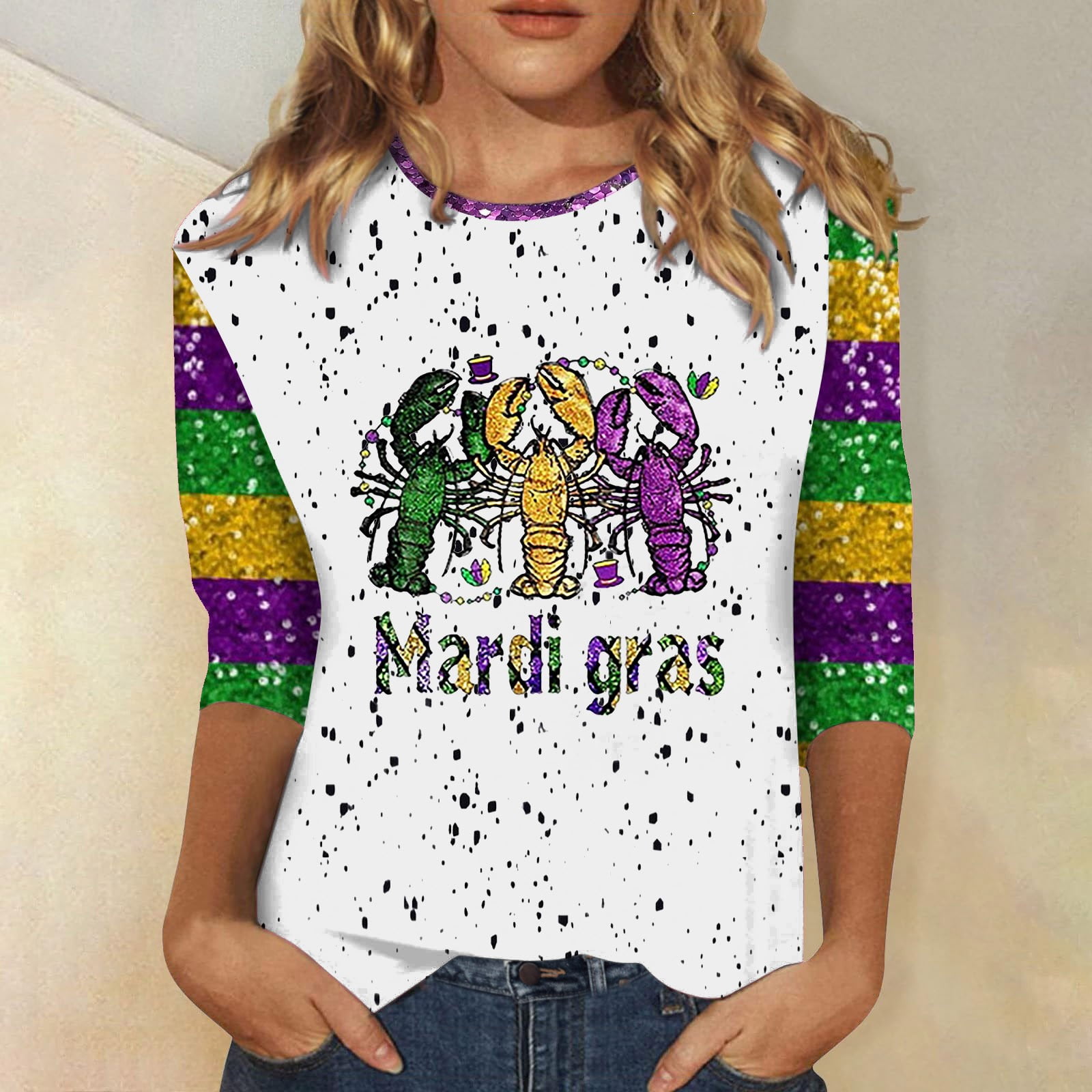 BOOMILK Mardi Gras Shirts for Women Plus Size Loose Fit 3/4 Sleeve ...