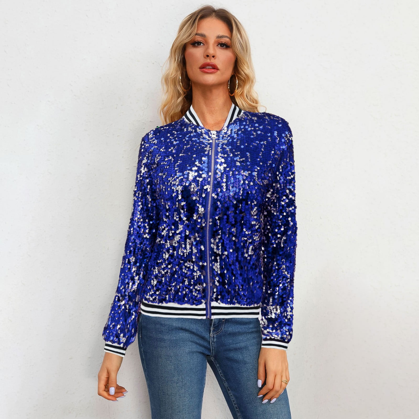 BOOMILK Mardi Gras Women Sequin Bomber Jacket Sparkly Long Sleeve ...